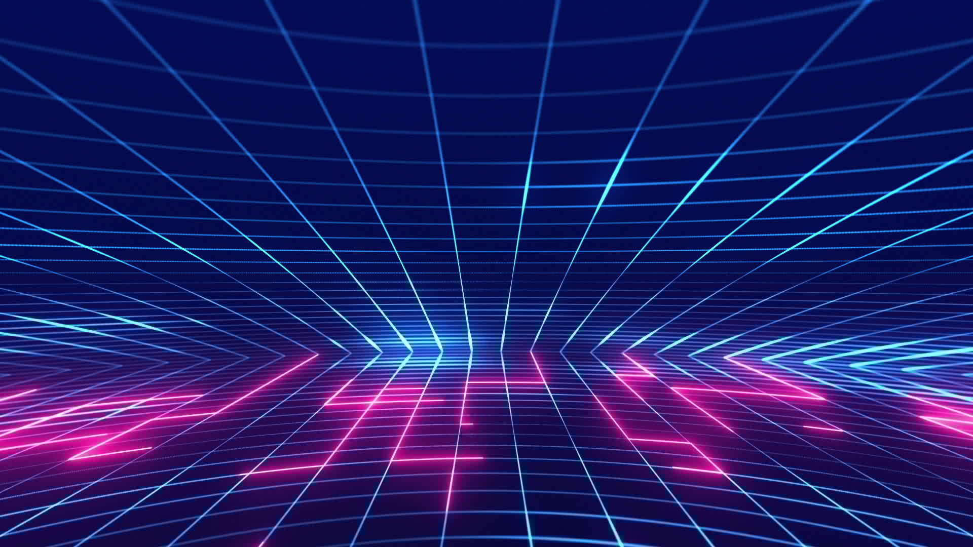 Retro futuristic cyberpunk grid motion background with glowing pink and blue neon light beams ...