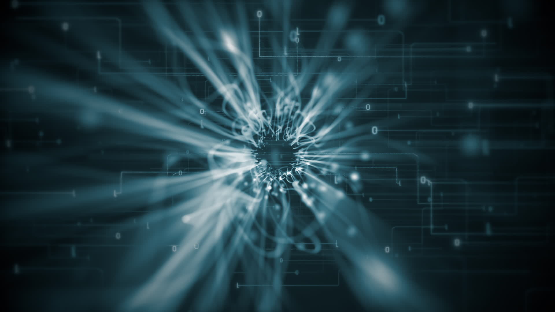 Flowing blue fiber optic light beams and particles with fast moving digital data stream and ...