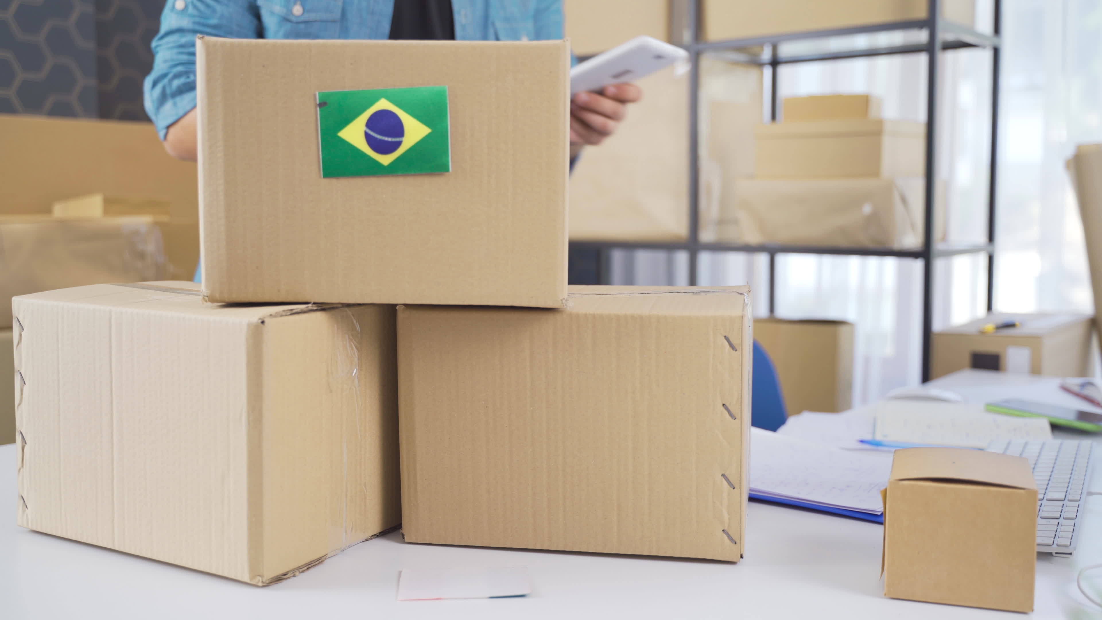 Brazil flag on logistic cargo package. Cargo package with Brazilian flag. 21379171 Stock Video ...