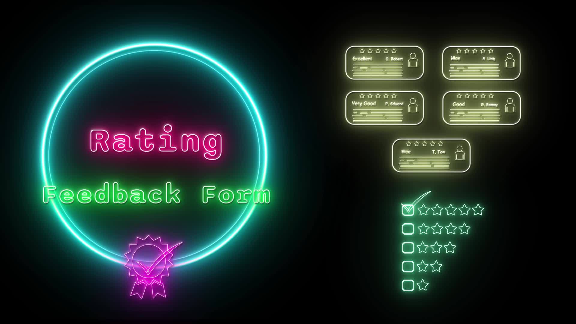 rating feedback form Neon green-pink Fluorescent Text Animation blue frame on black background ...
