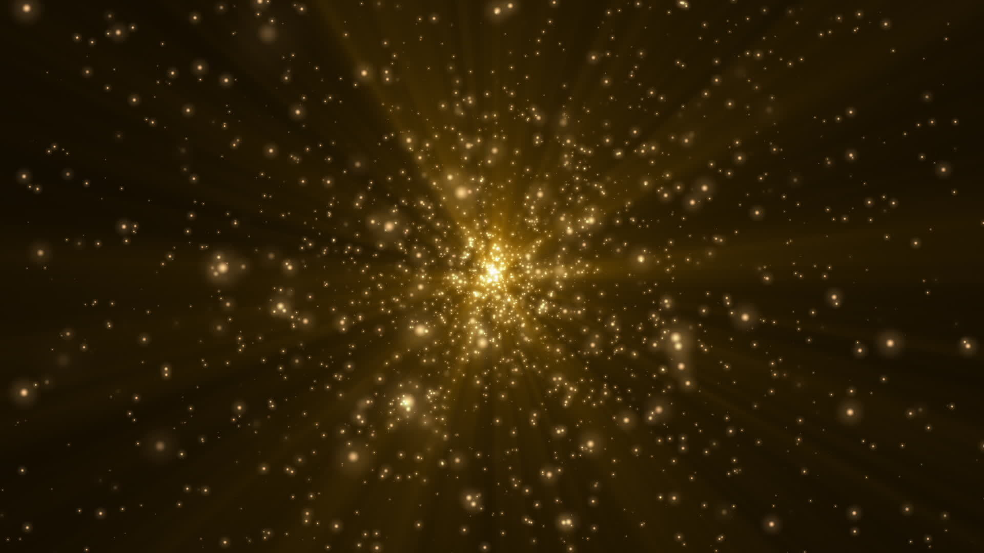 Abstract background animation with shiny glittering golden bokeh particles and light rays. This ...
