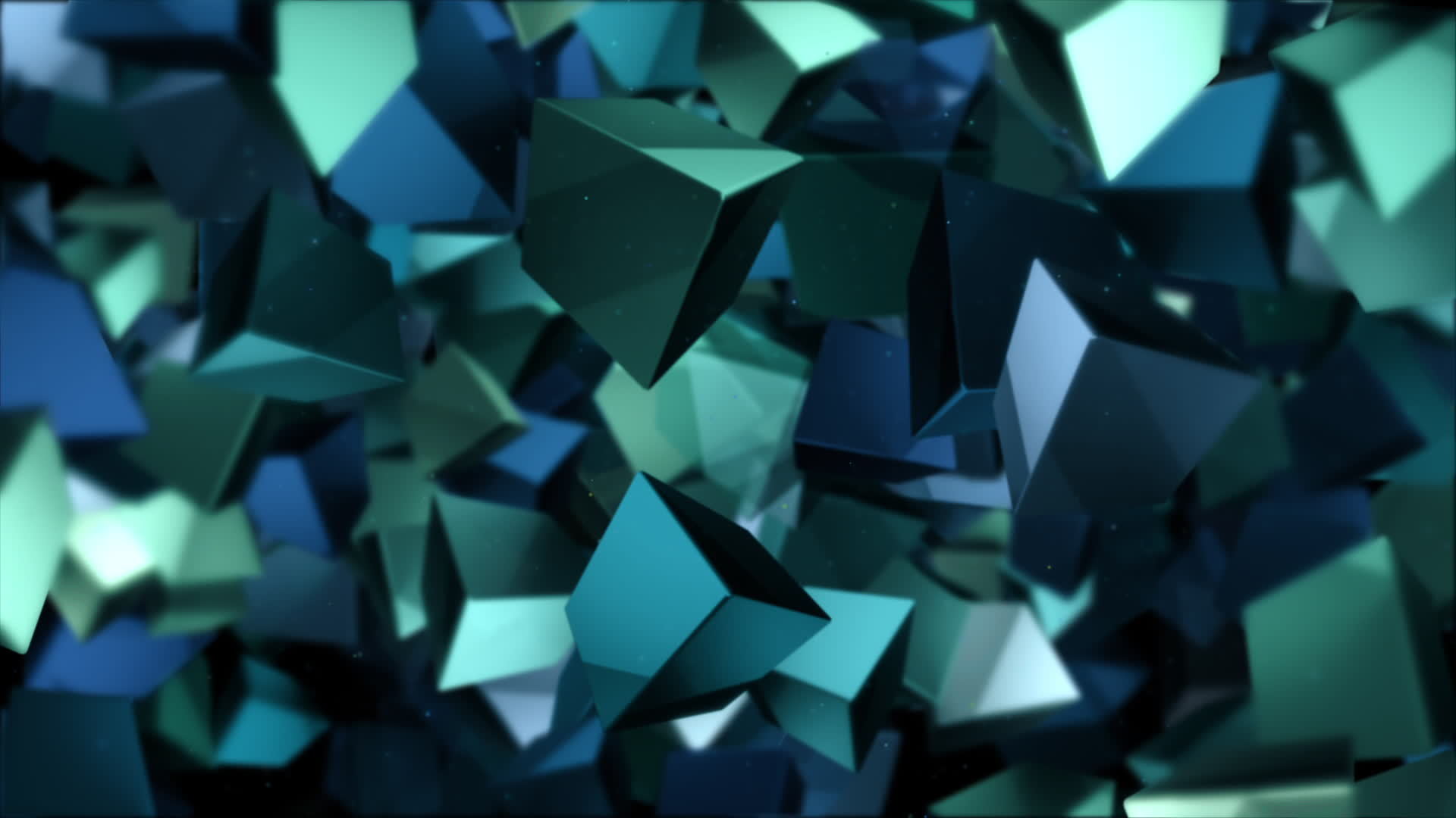 Abstract technology background - shiny green and blue cubes floating and spinning upwards. This ...