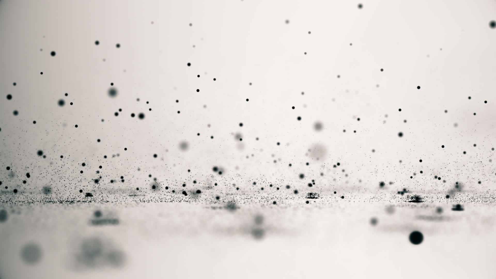 Dark sphere particles falling from the sky, bouncing and exploding when they hit the ground ...