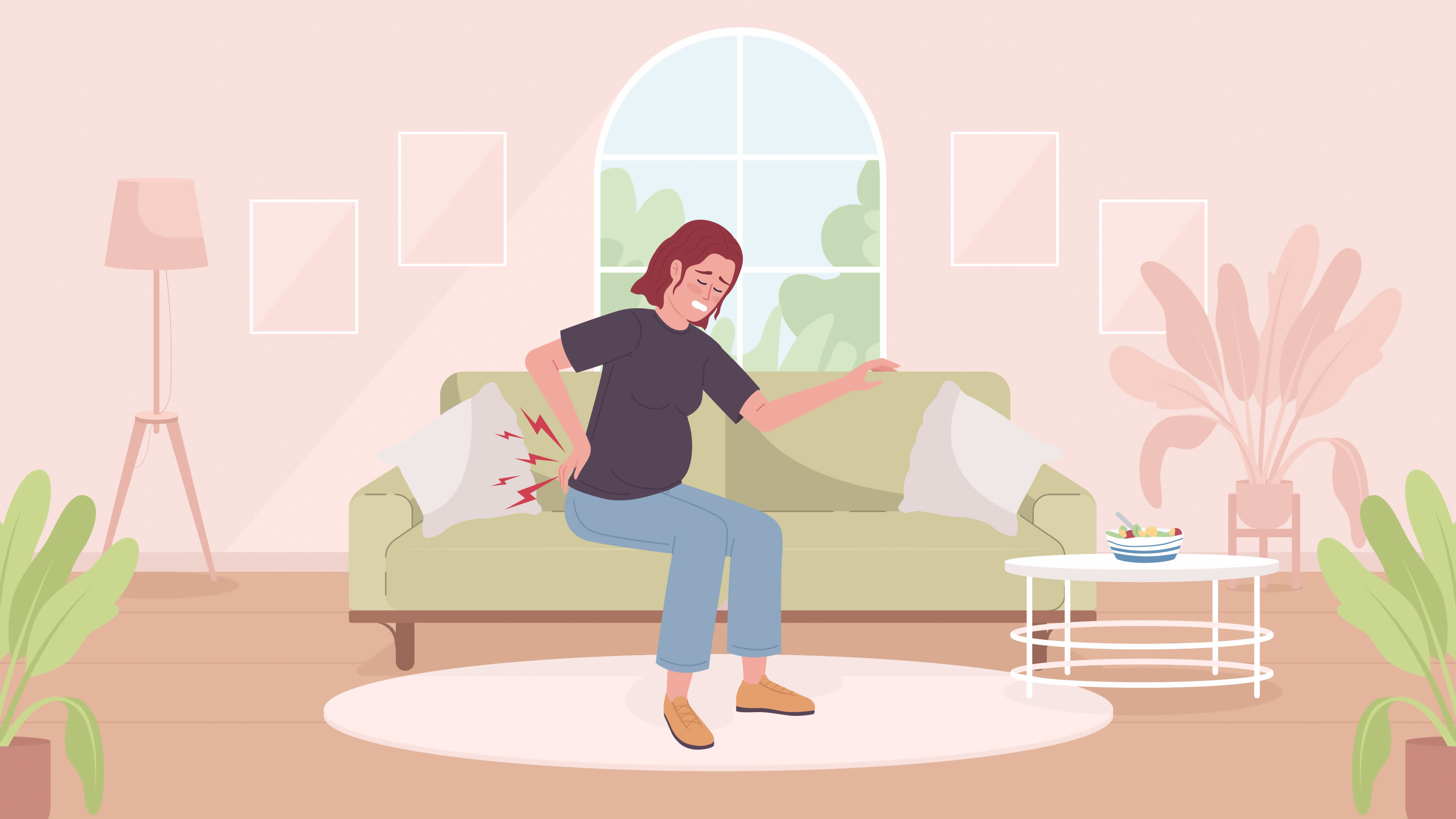 Animated pregnancy backaches. Pregnant woman on sofa struggling with ... Animated pregnancy backaches. Pregnant woman on sofa struggling with ...