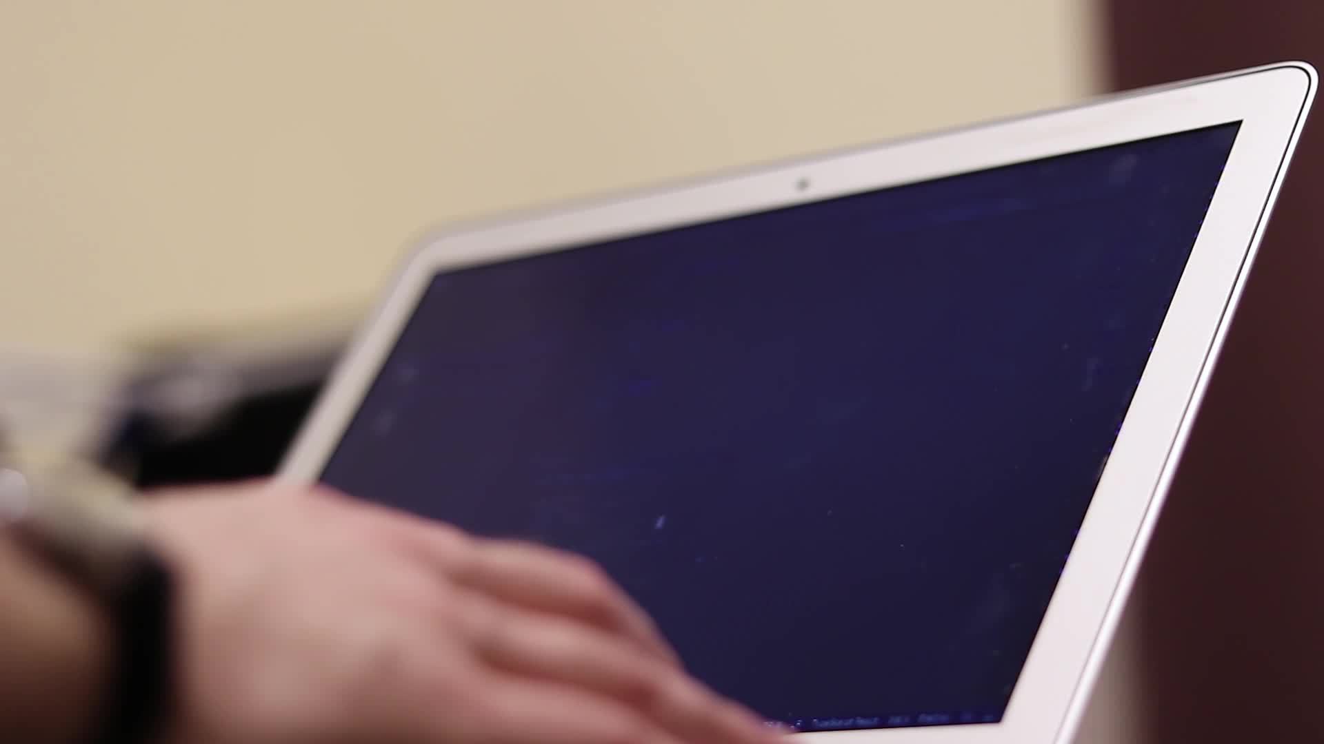 Laptop with program code. Man coding, close-up hands. Copy space ...