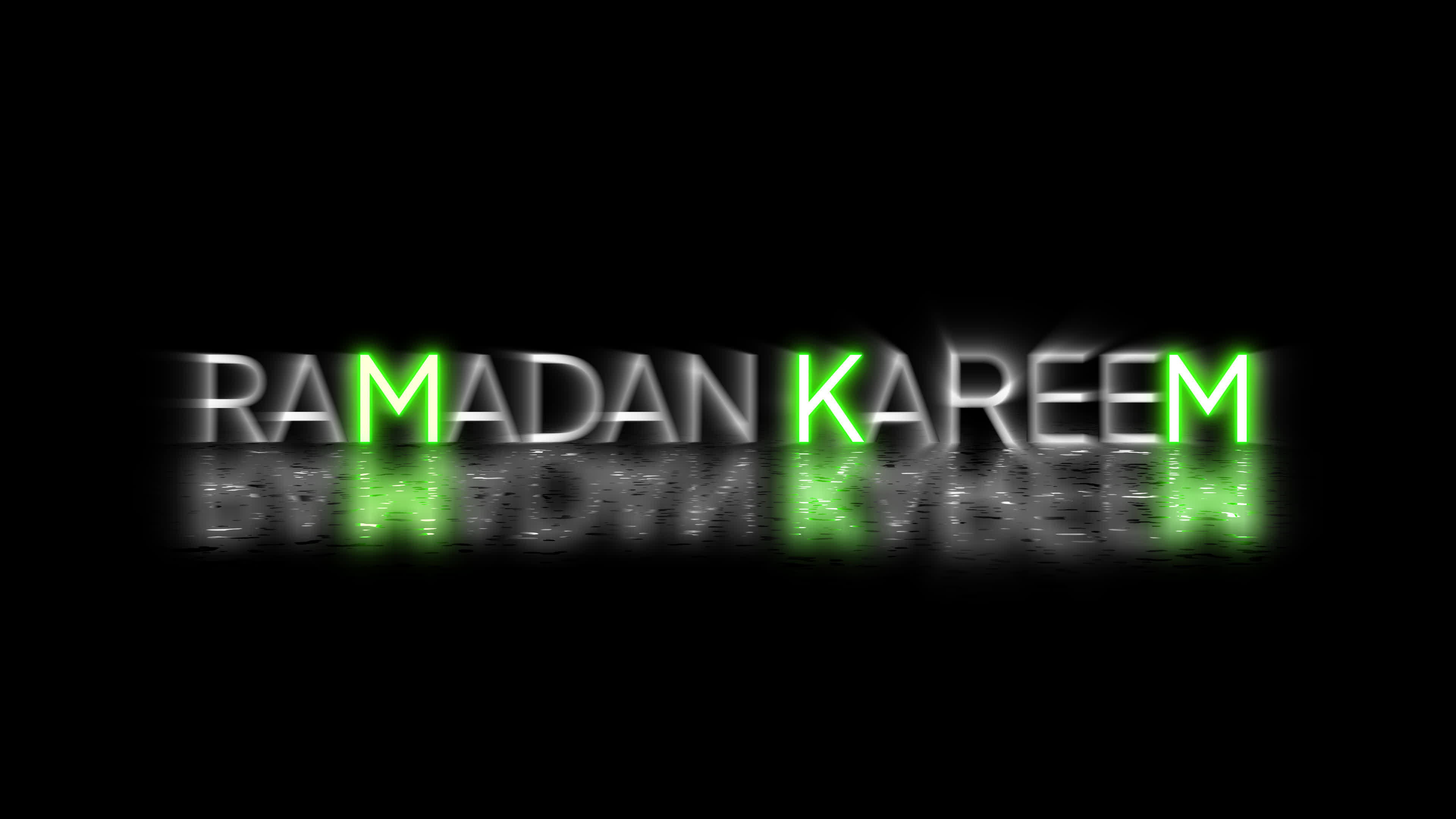 Ramadan Kareem Animation with random glowing text effects and green neon sign lights on a black ...