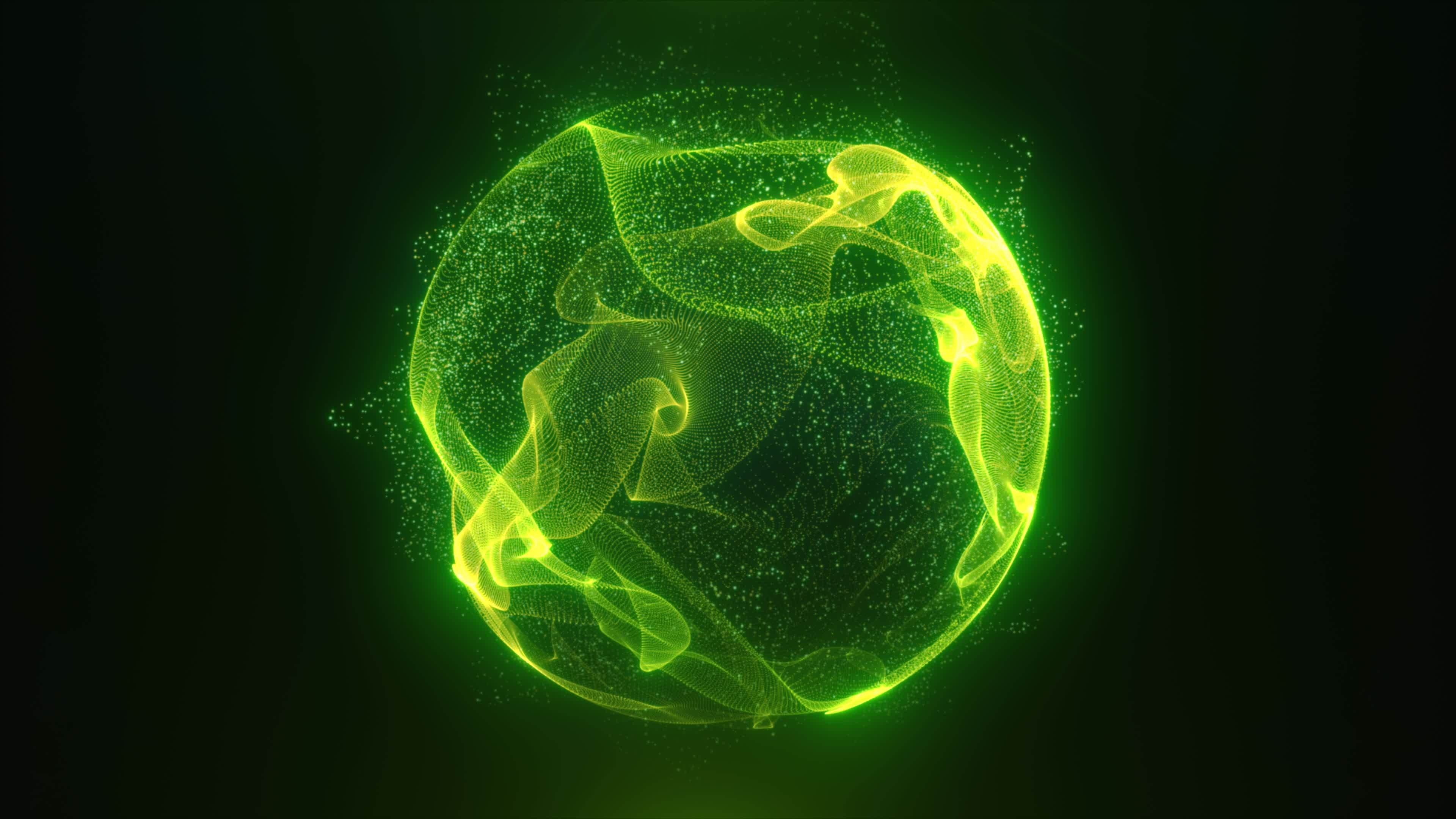 Abstract green looped energy sphere of particles and waves of magical glowing on a dark ...