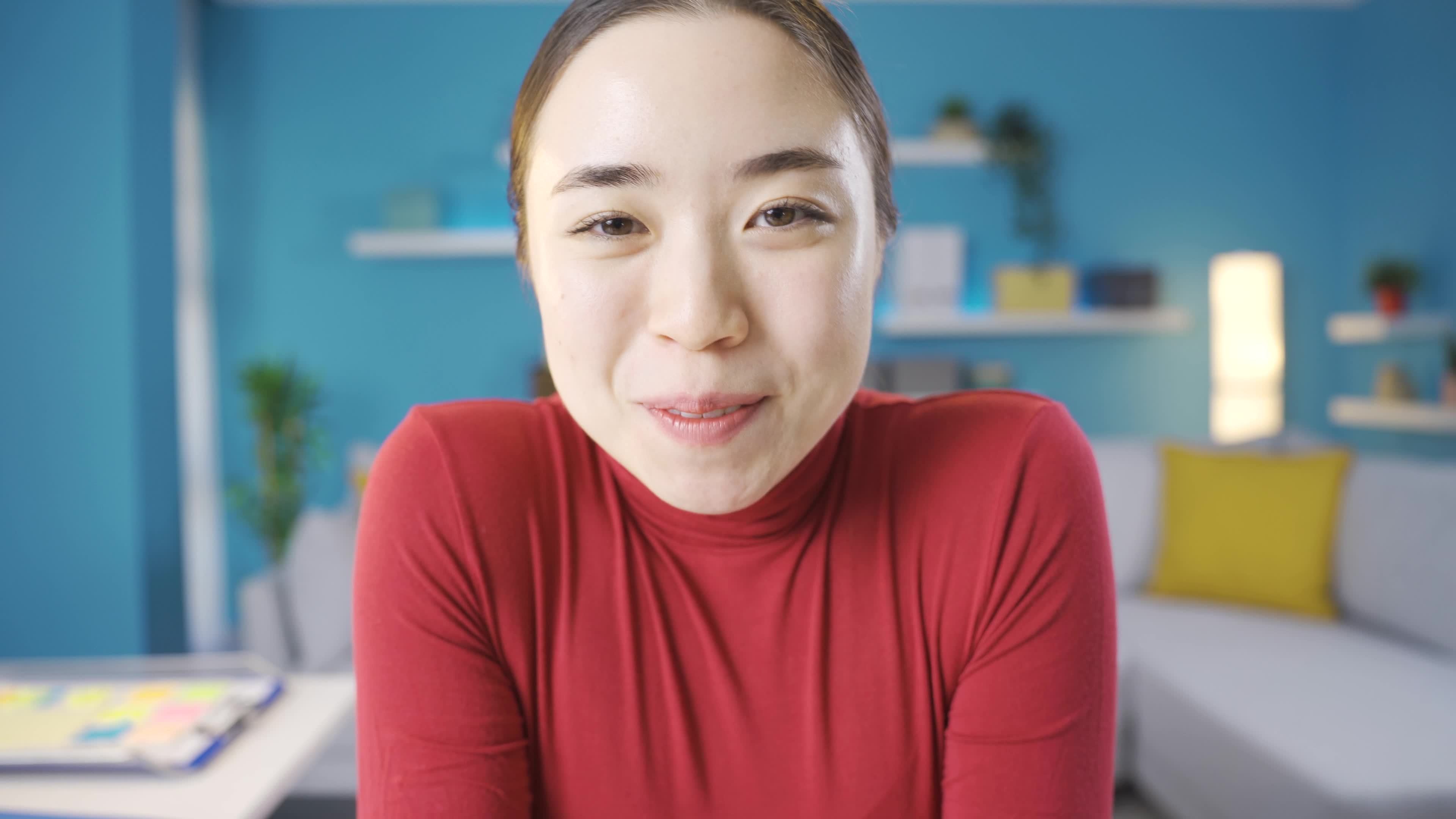 Asian Woman Looking Around And Camera With Happiness And Joy Young