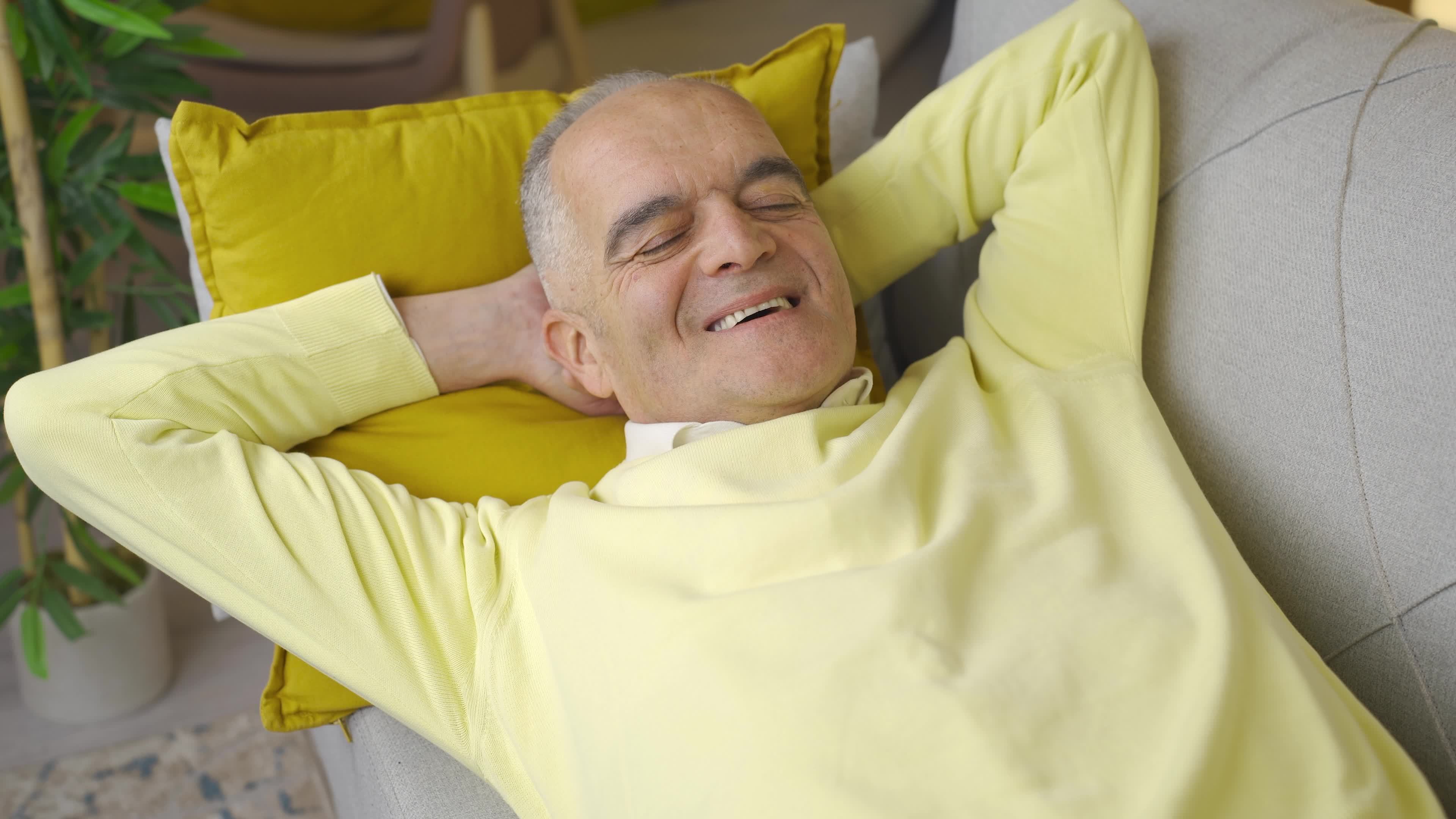 Happy old man enjoying comfort and peace. Happy relaxing peaceful ...