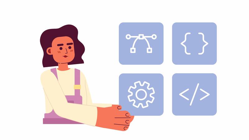 Animated website builder. Female programmer developer. Web construction. 2D cartoon flat ...