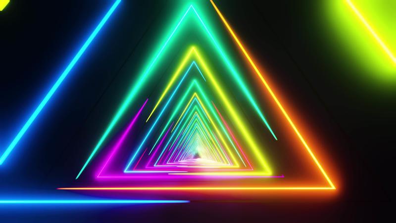 Flying through multicolored triangles painted with light. Infinitely ...