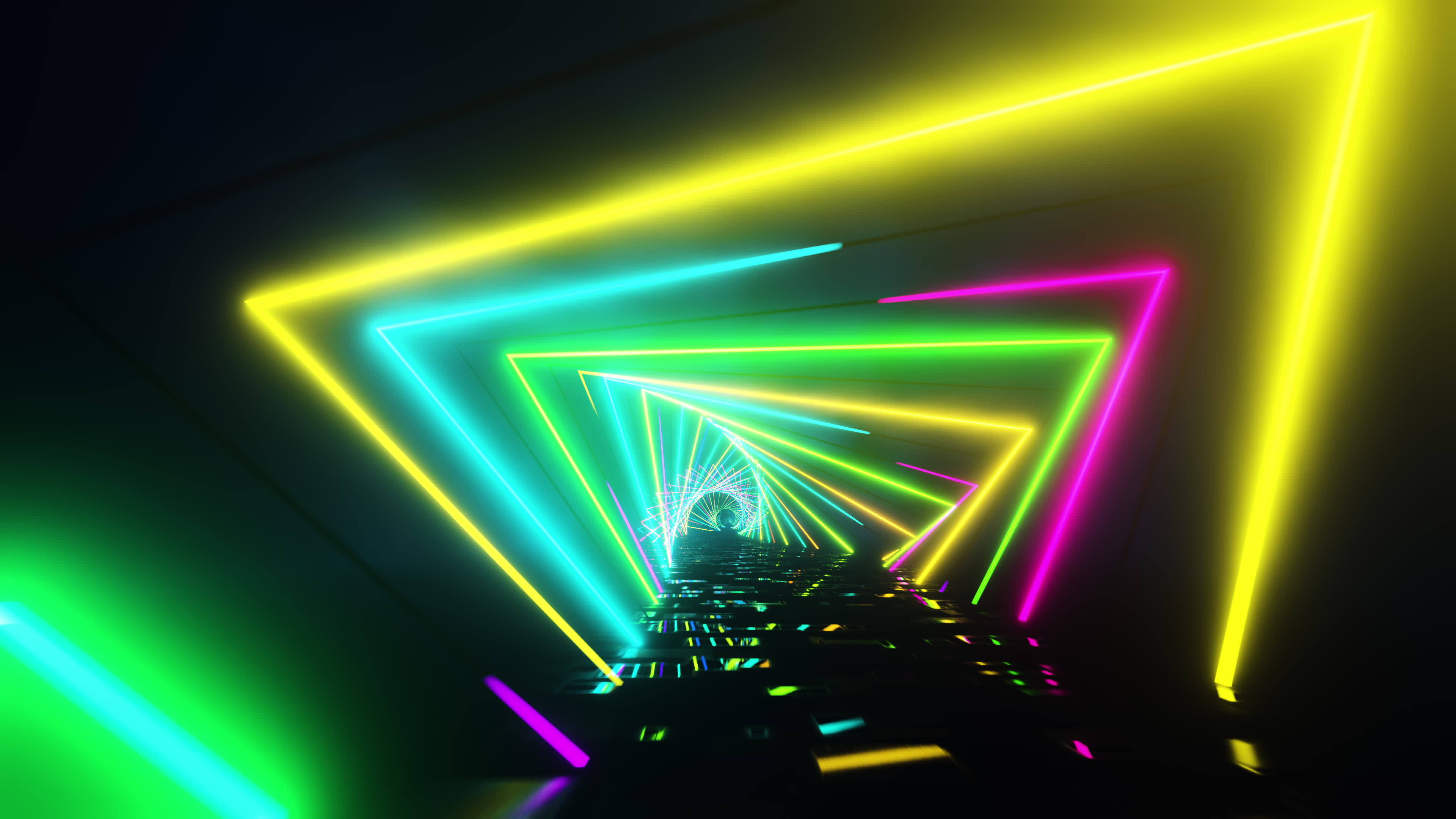 Flying through multicolored triangles painted with light. Infinitely ...