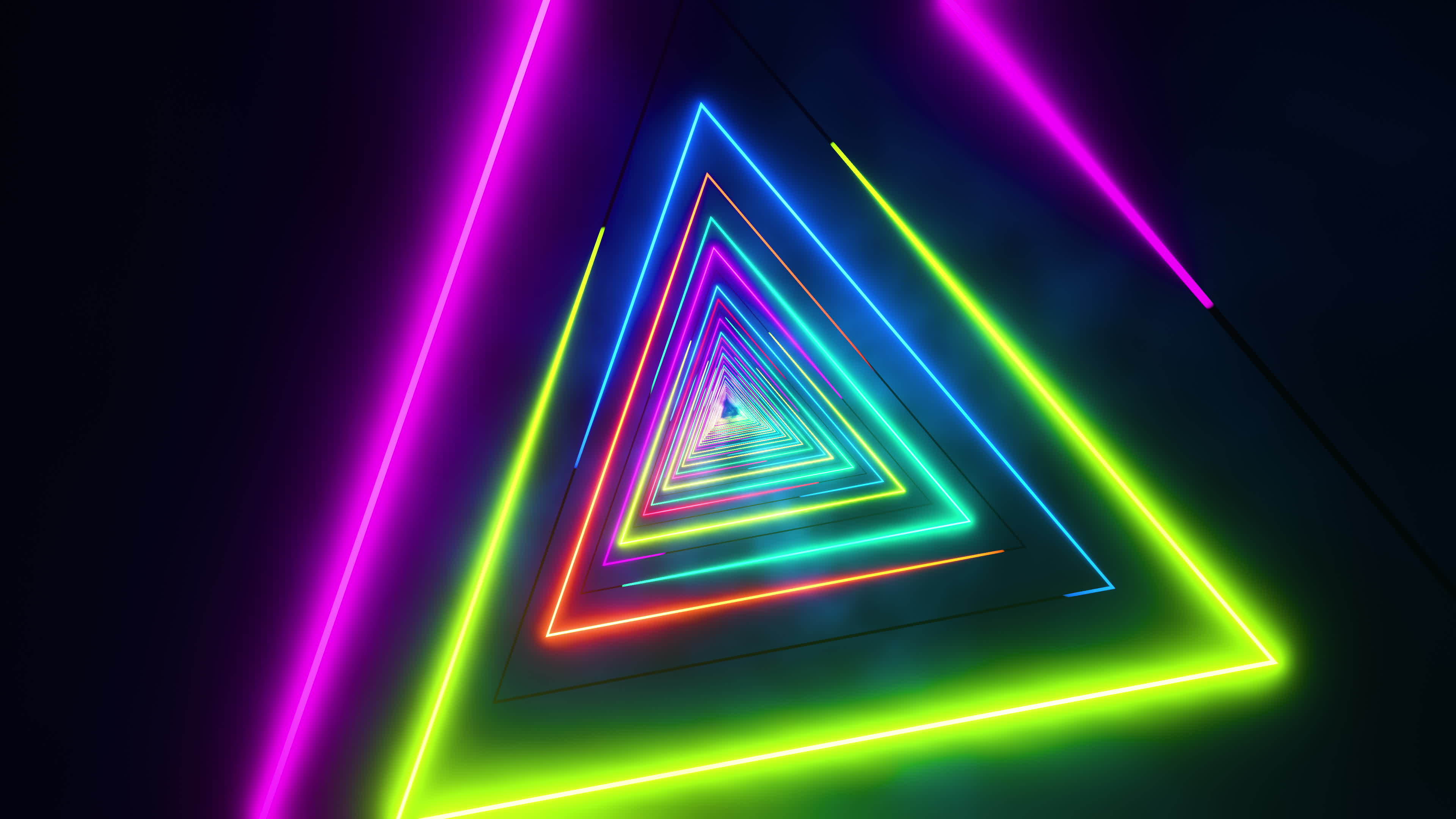 Flying through multicolored triangles painted with light. Infinitely ...