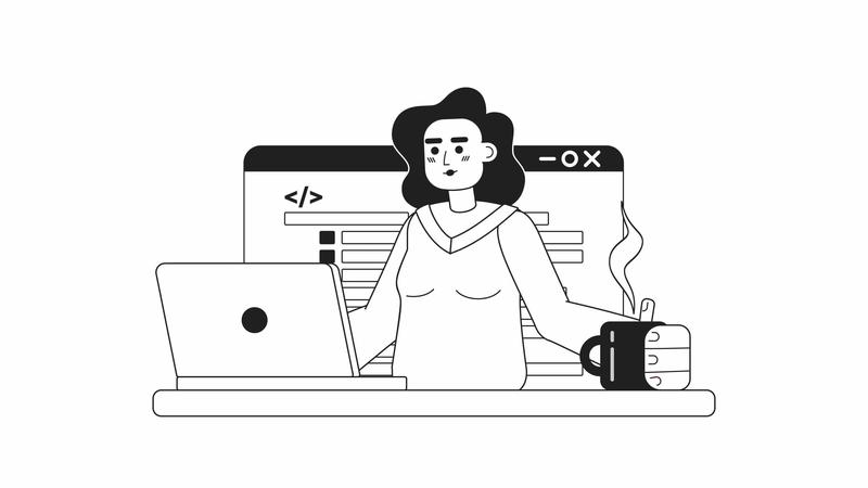 Animated Mono Writing Code Job Programming Woman With Laptop 2d Black And White Flat