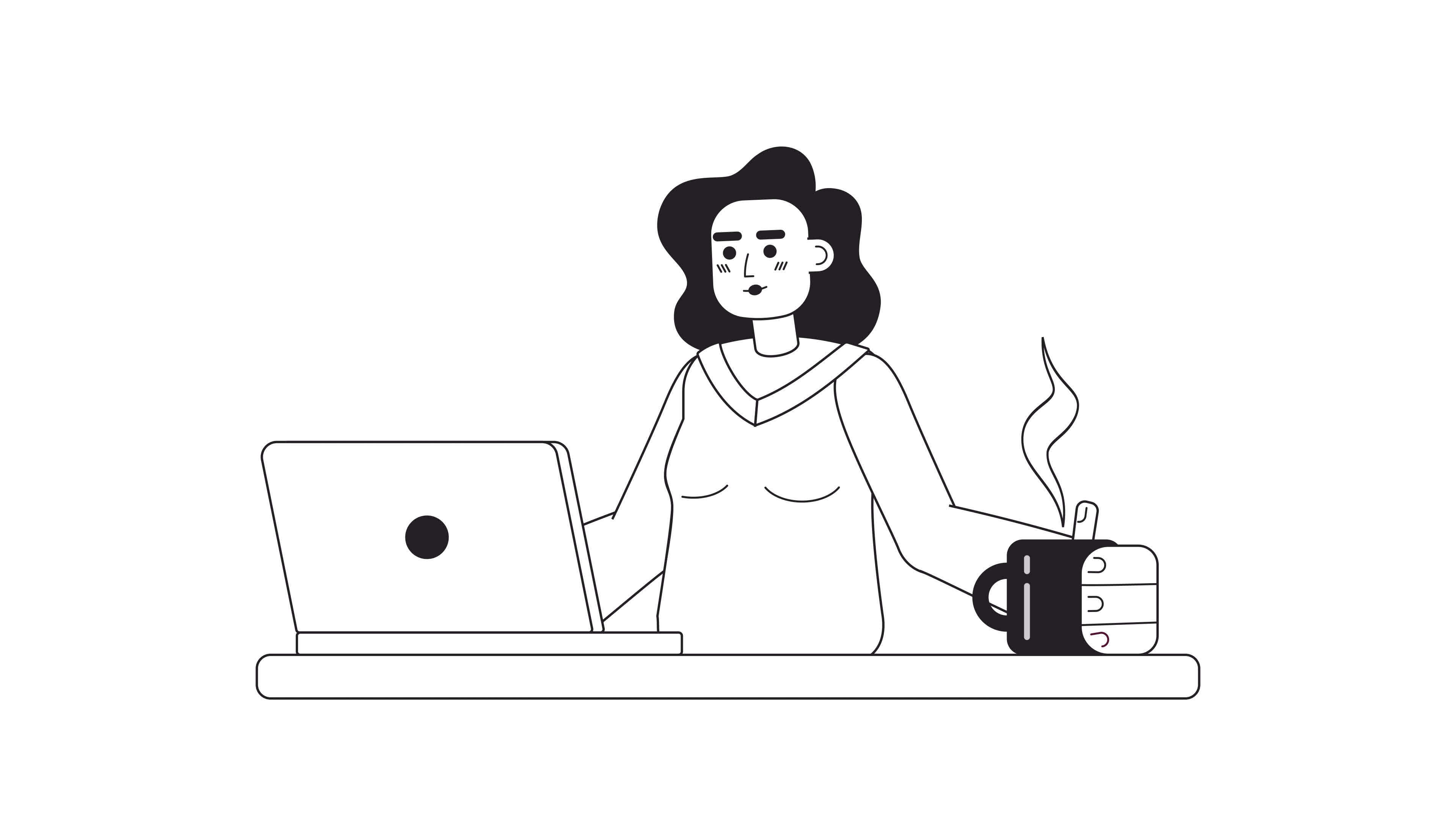 Animated mono lady with laptop. Female freelance programmer. Thin line ... Animated mono lady with laptop. Female freelance programmer. Thin line ...