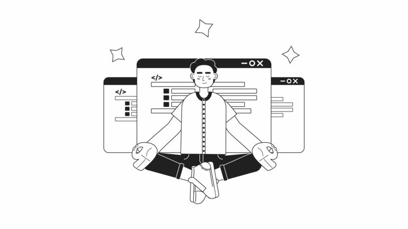 Animated mono programmer expert. Improving programming skills. 2D black and white flat character ...