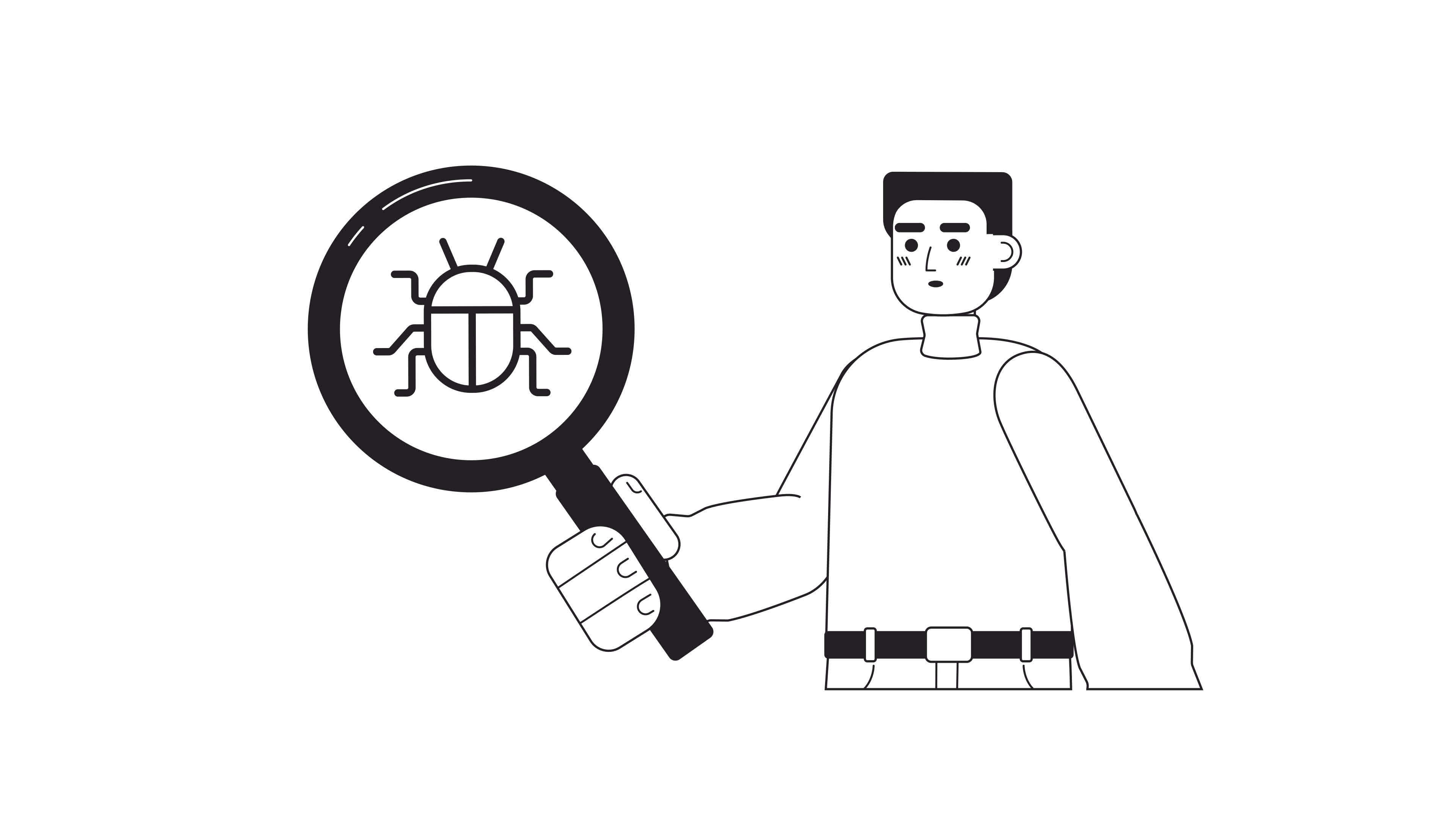 Animated Mono Bug Tester Man With Magnifying Glass Find Mistakes 2d
