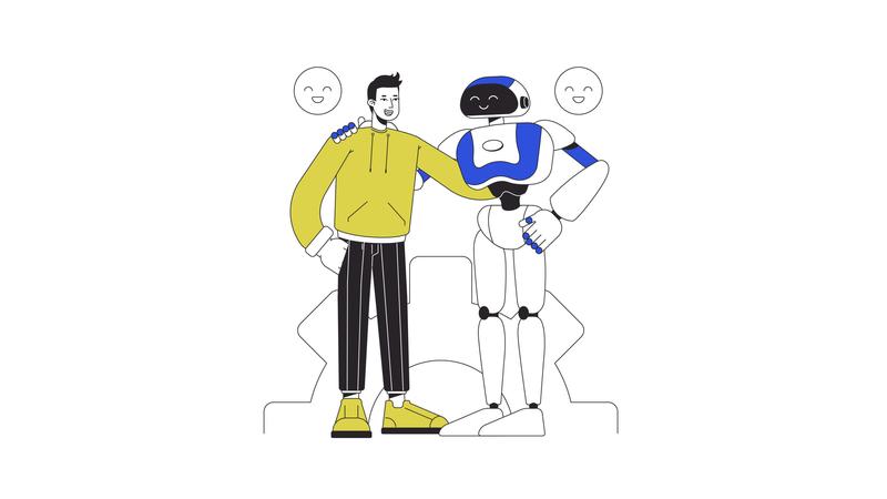Human robot interaction animation. Animated robotic engineer and machine 2D cartoon flat colour ...