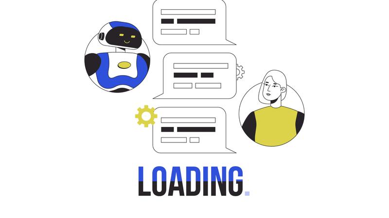 Talk to chatbot loader animation. AI chat bot and woman user. Flash message 4K video footage ...