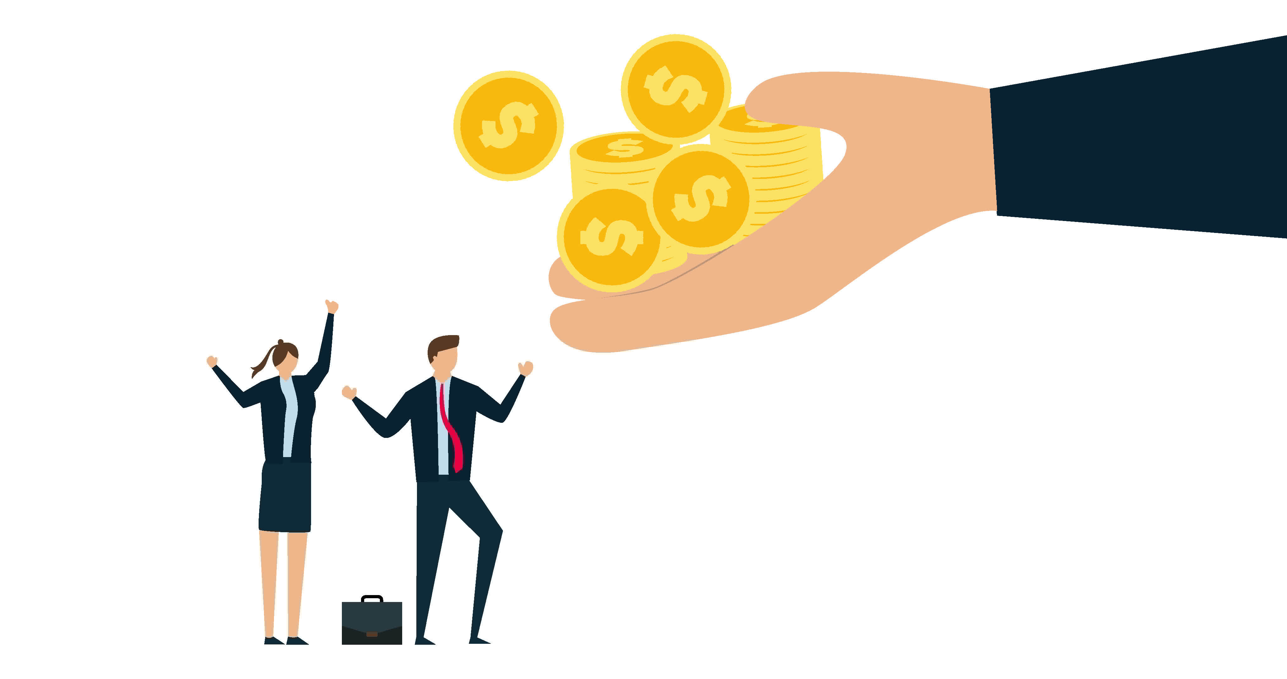 4k animation of Employee bonus money, giant boss hand giving stack of coins money to happy ...