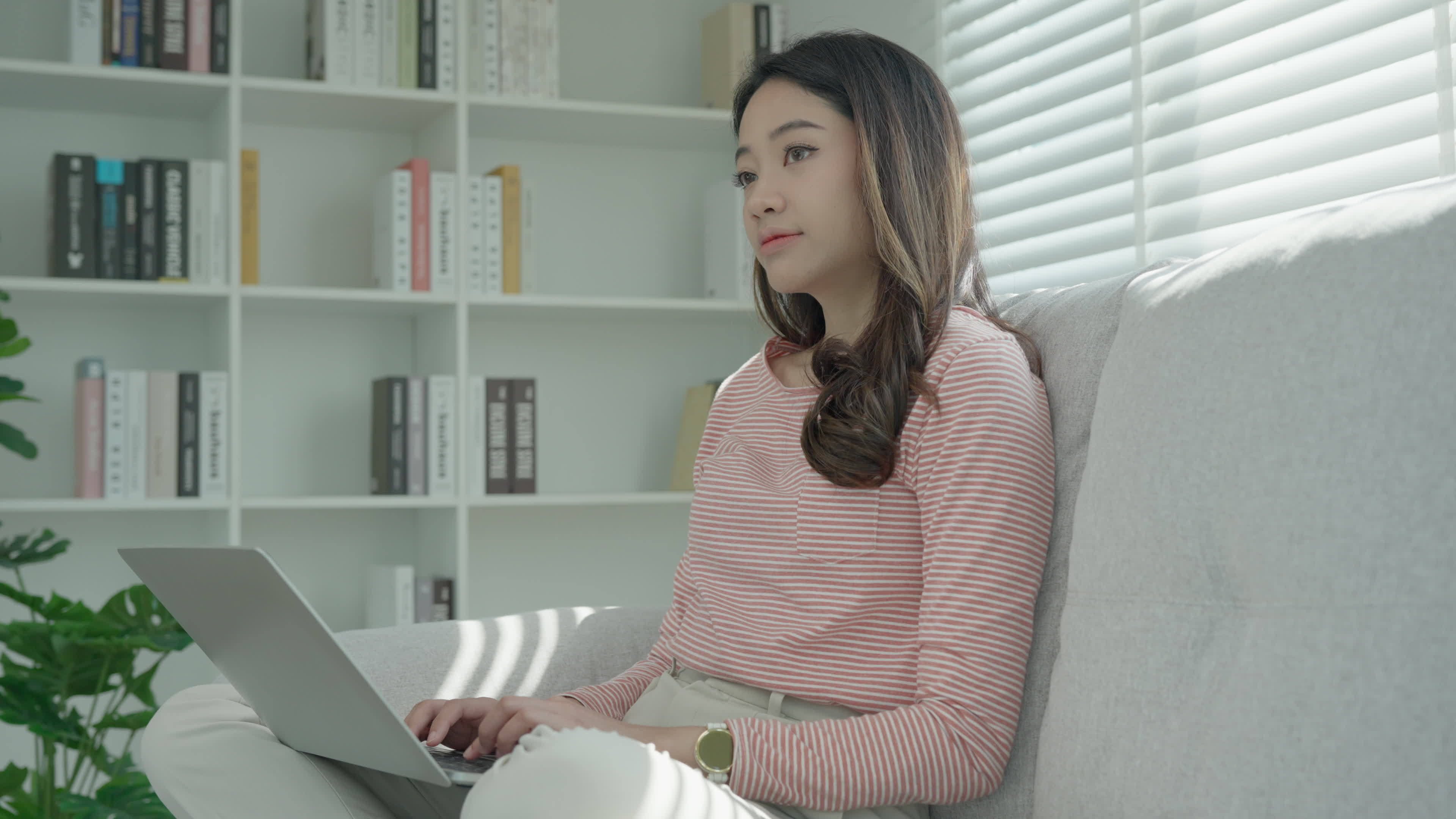 Working Woman Smiling Asia Girl In Work Clothes Use Tablet Freelance Out Site Research Copy