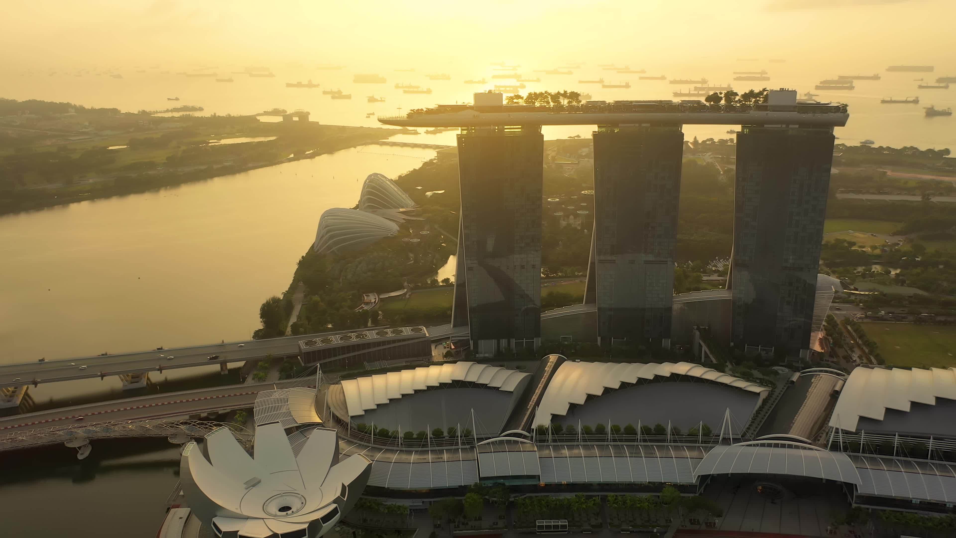 Drone Aerial View 4k Footage Of Singapore City Skyline At Marina Bay