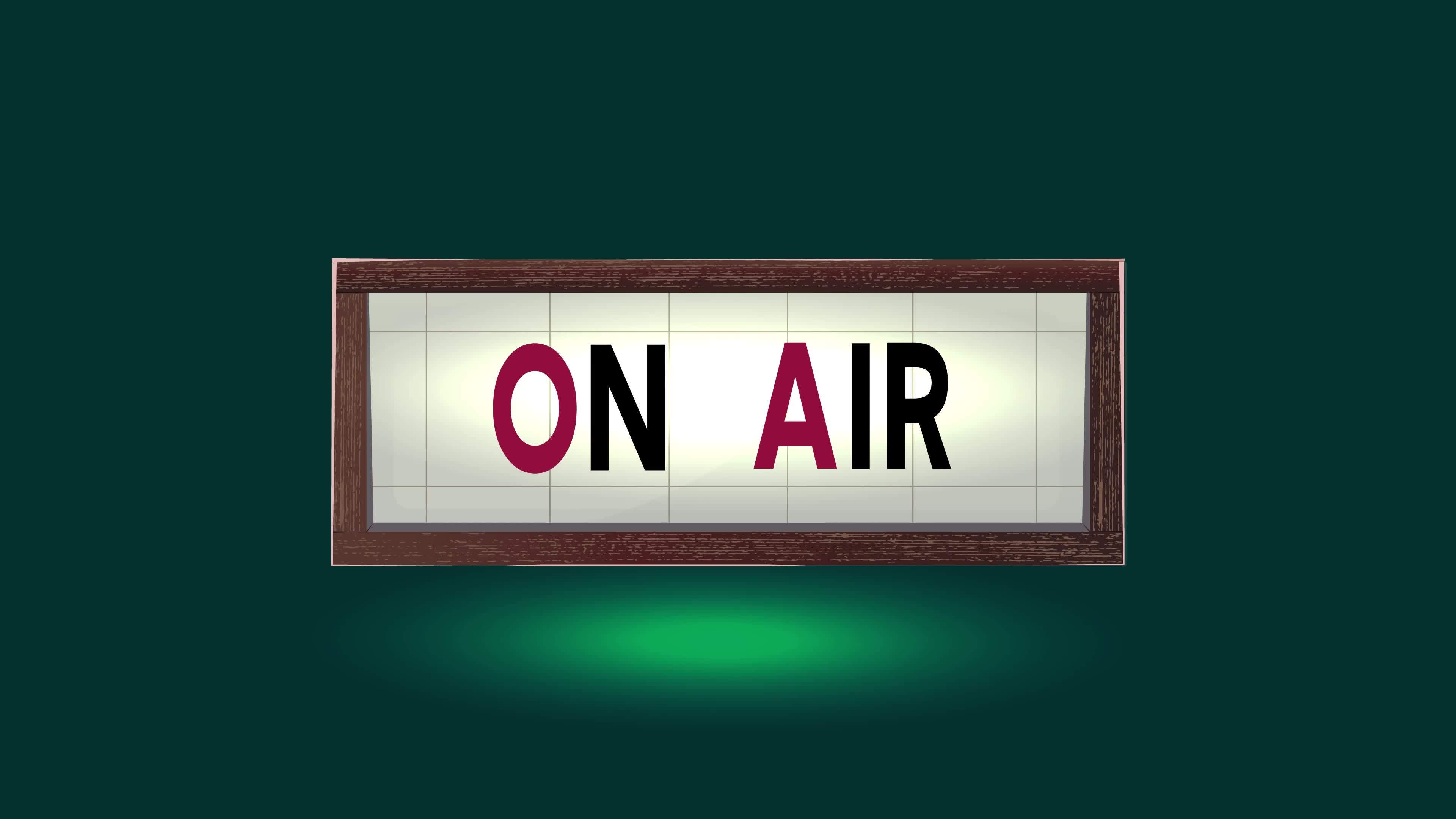 On air sign in retro lightbox lights up for live broadcasting flickering on and off. Loop ...