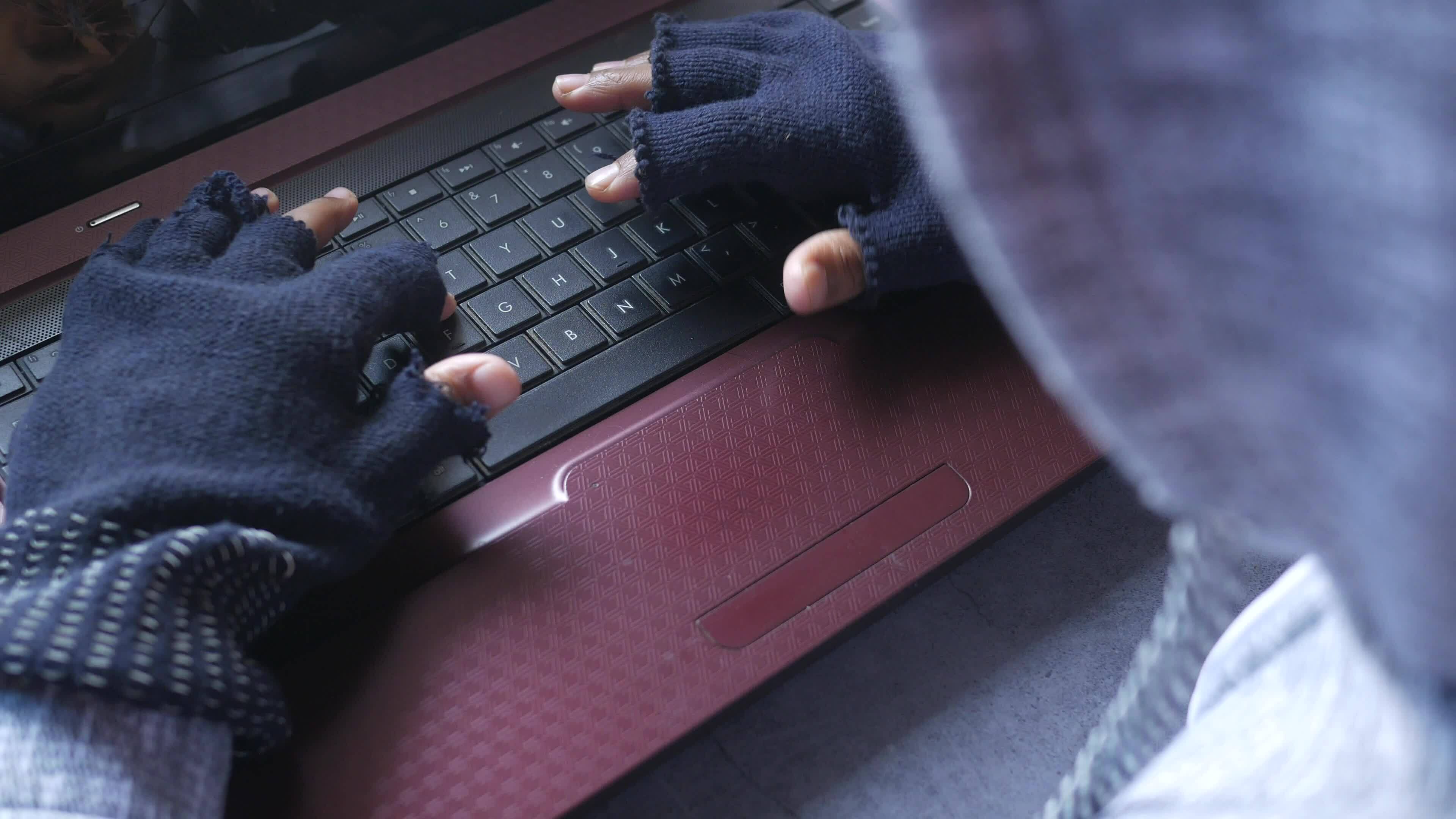 Hacker Hand Stealing Data From Laptop Top Down 23288112 Stock Video At Vecteezy