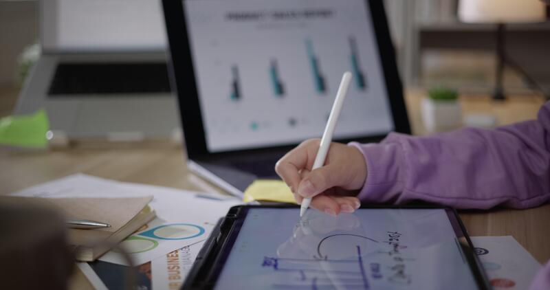 Footage of young Asian woman, freelance data scientist work remotely at ...