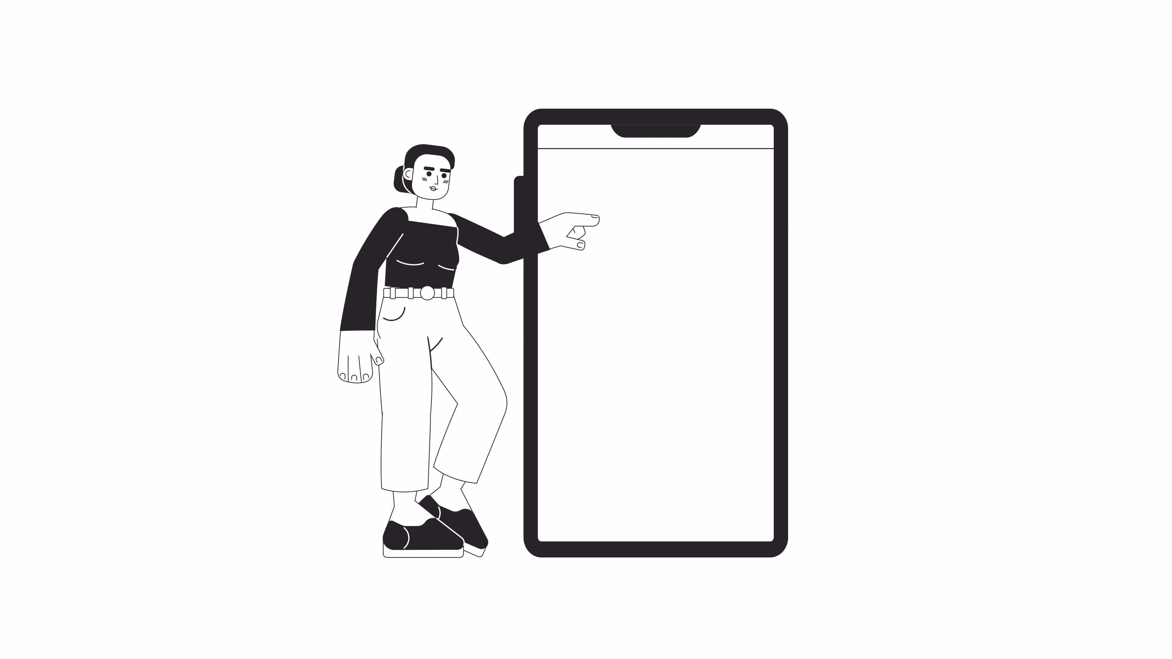 Animated bw woman with phone mockup. Thin line monochrome template ...