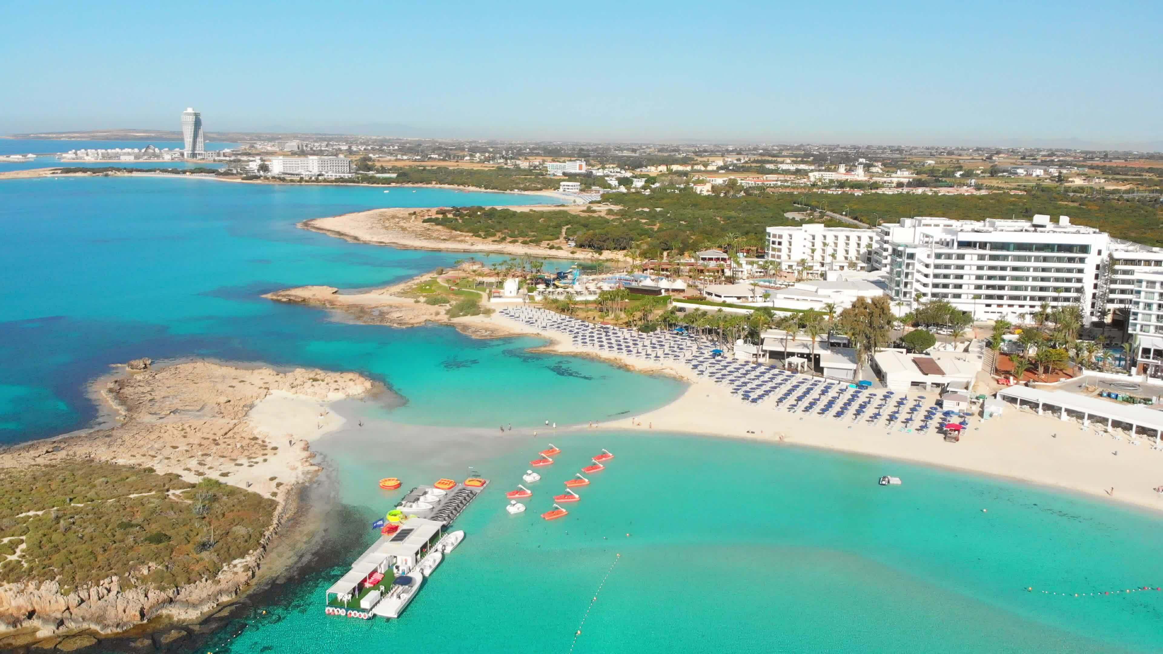 Ayia Napa, Cyprus - 15th april, 2023 - aerial fly over Luxury hotel buildings with pools by ...