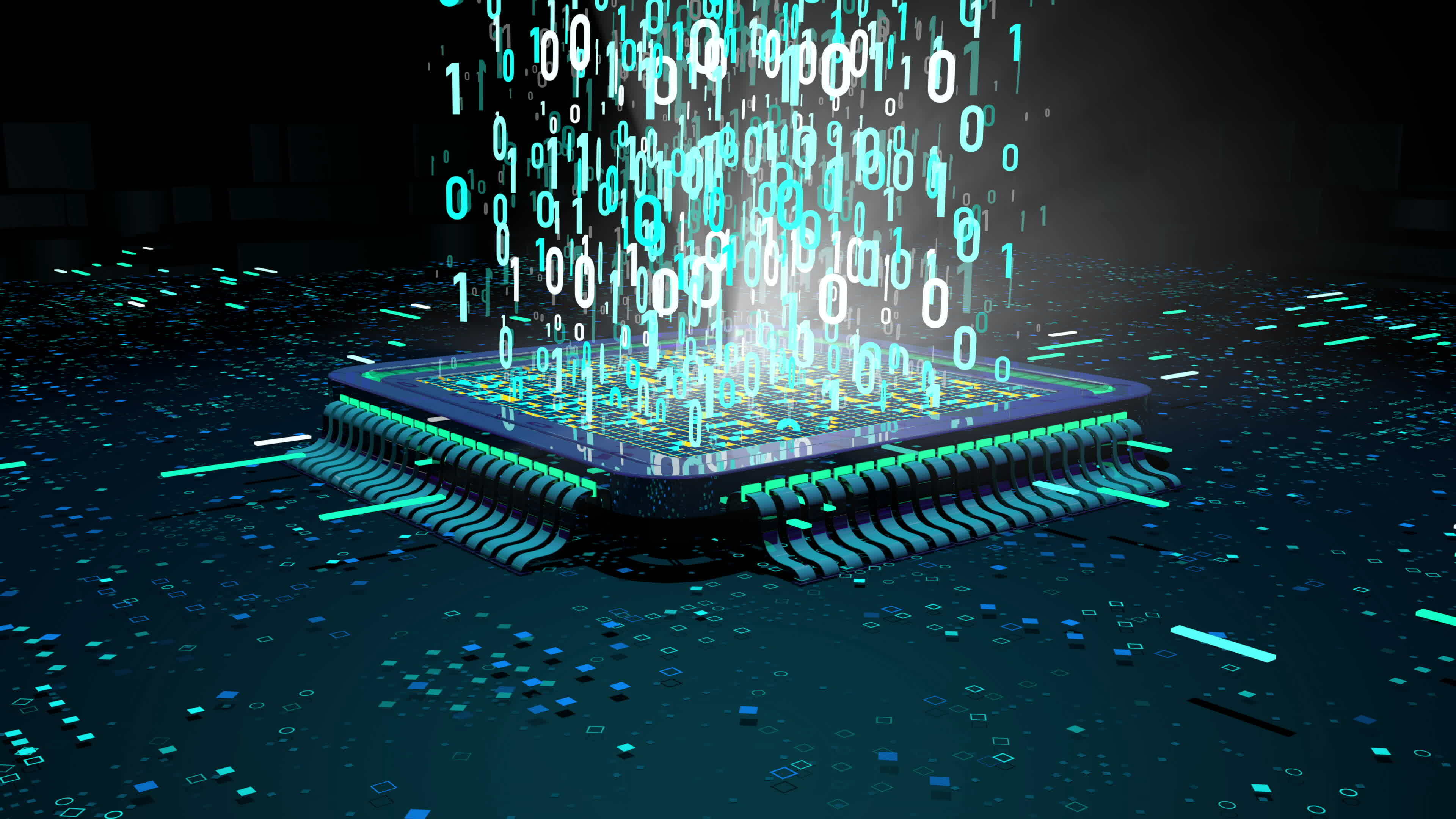 Microprocessor Working With Binary Information Of Numbers 1 And 0 Rising Upwards In The Middle