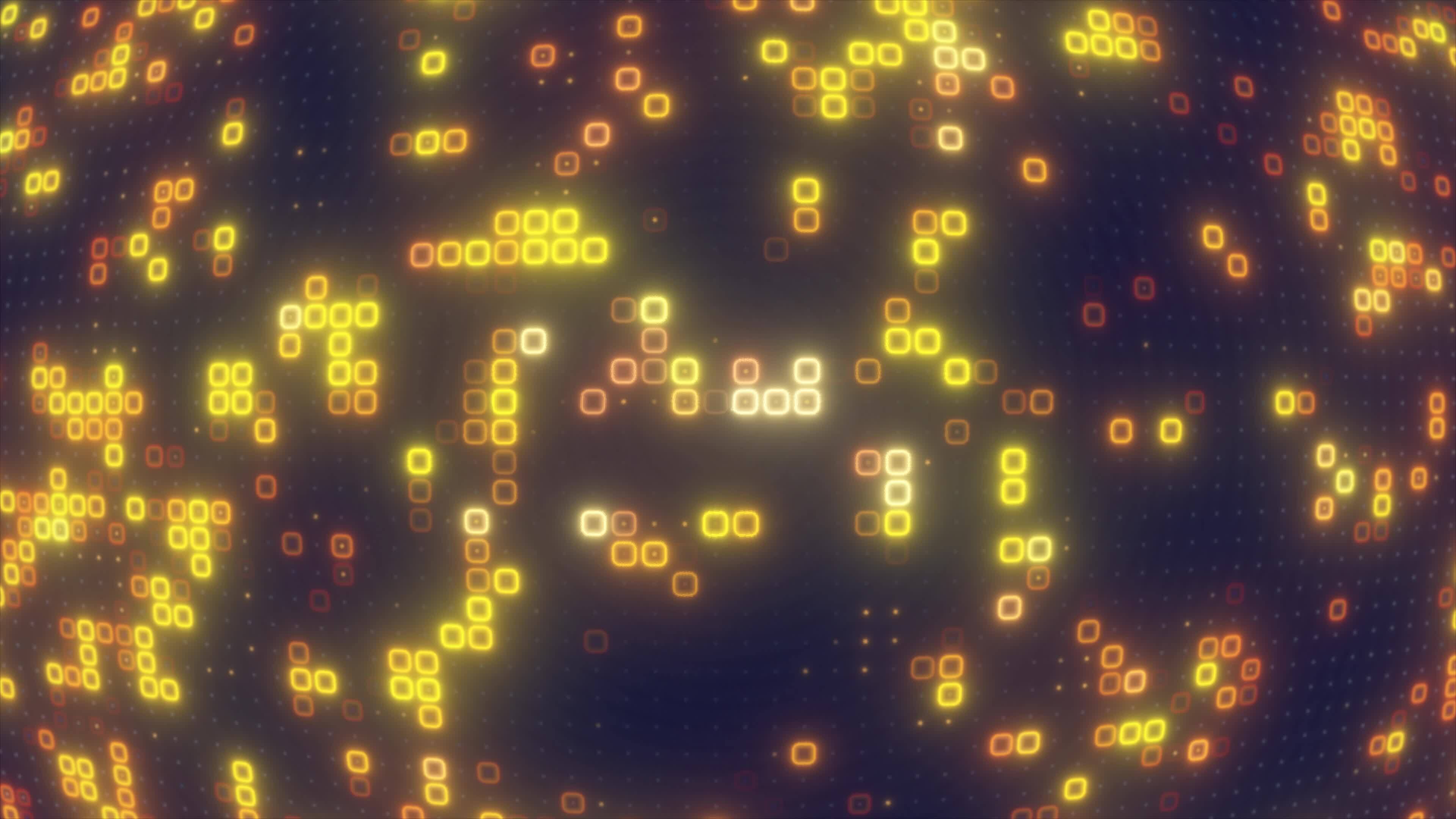 Abstract looping yellow orange energy squares glowing digital particles futuristic hi-tech ...