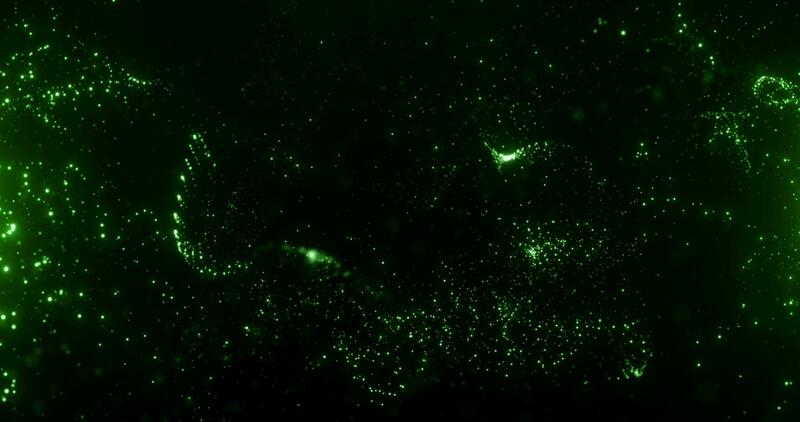 Magic dust from particles, shining bokeh, abstract background, flight of green cosmic particles ...