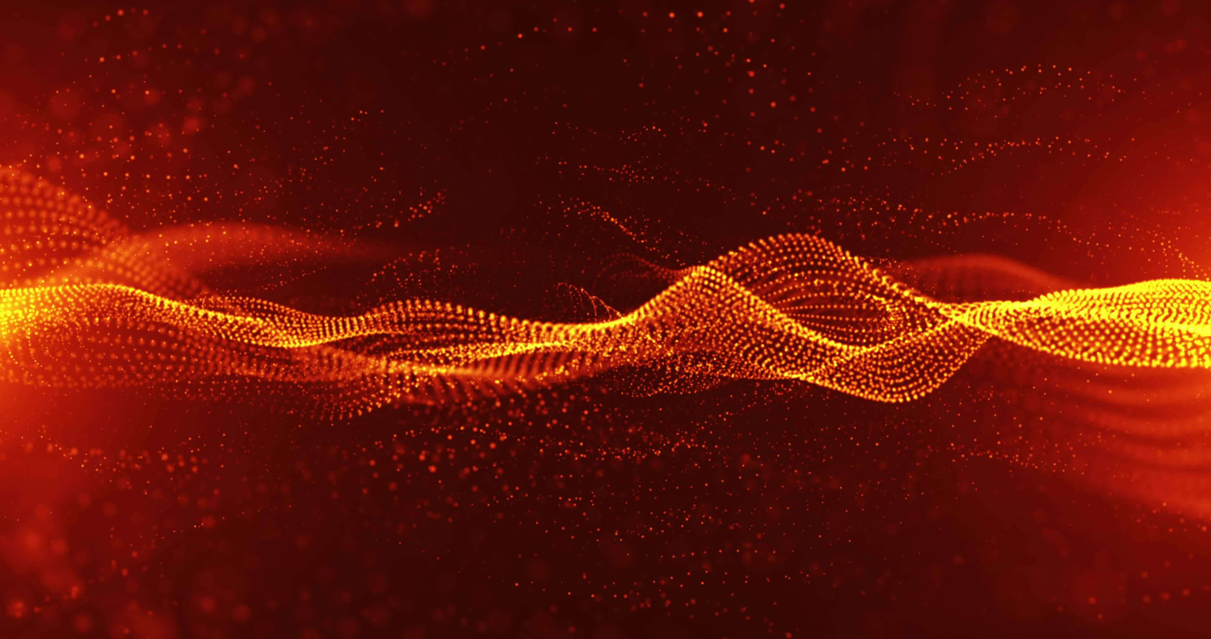 Abstract background with motion of shining golden waves from particles, fiery particles, sparks ...