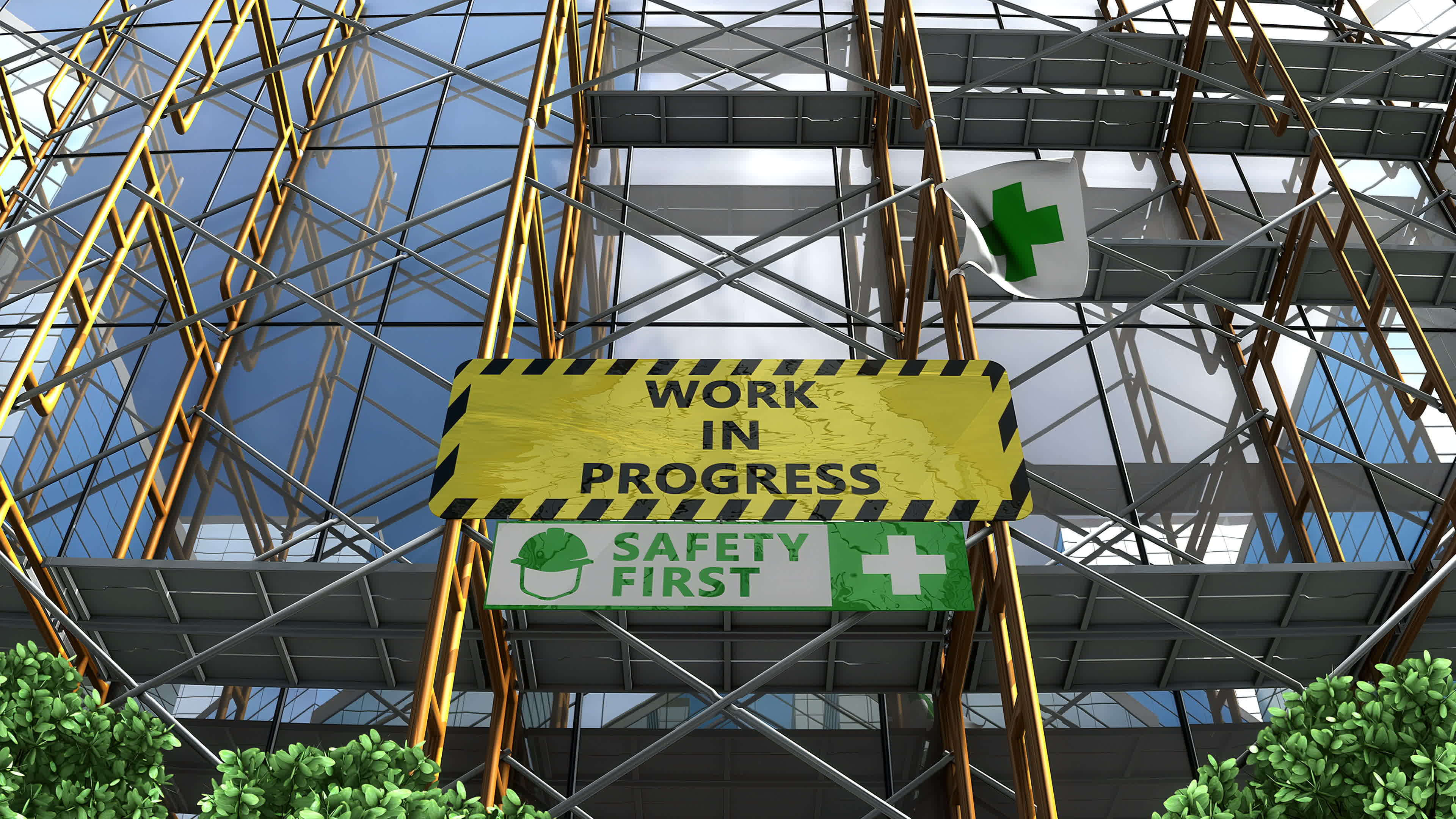 Building work in progress with scaffolding and signboard. 23981556 Stock Video at Vecteezy