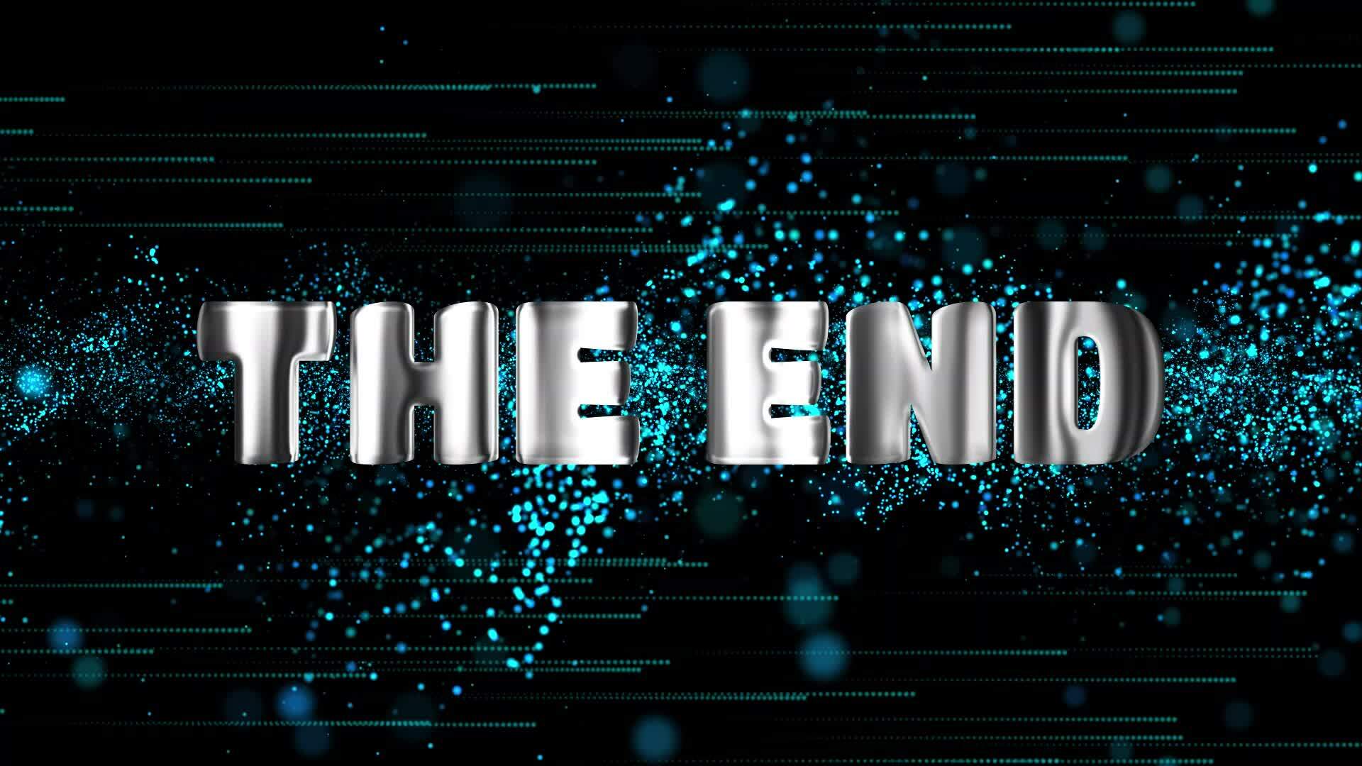 Text THE END silver 3D digital technology animated on blue particle ... Text THE END silver 3D digital technology animated on blue particle ...