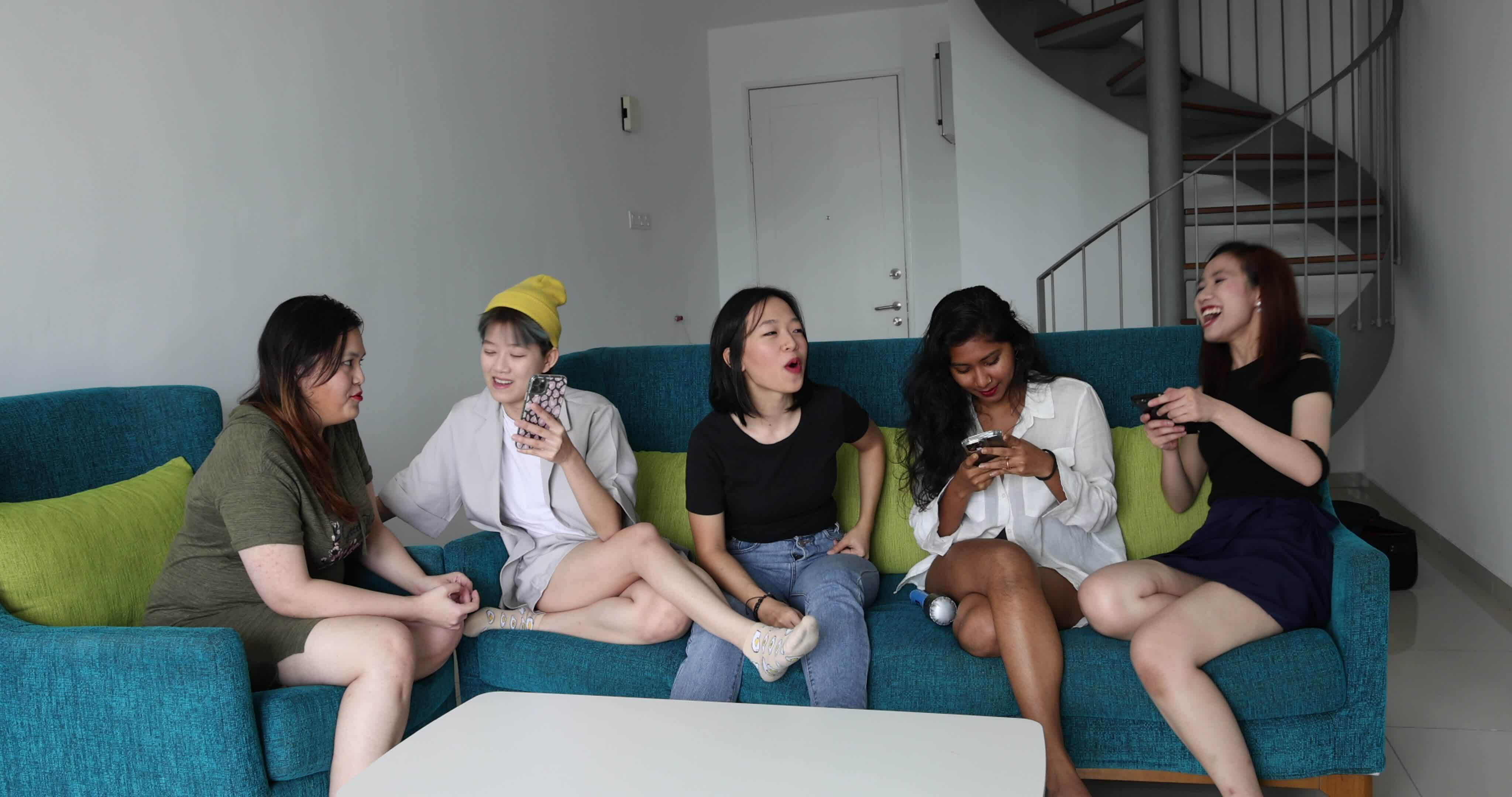 Young Asian woman group talk gossip chat sing drink cheers party fun enjoy drunk tired rest ...