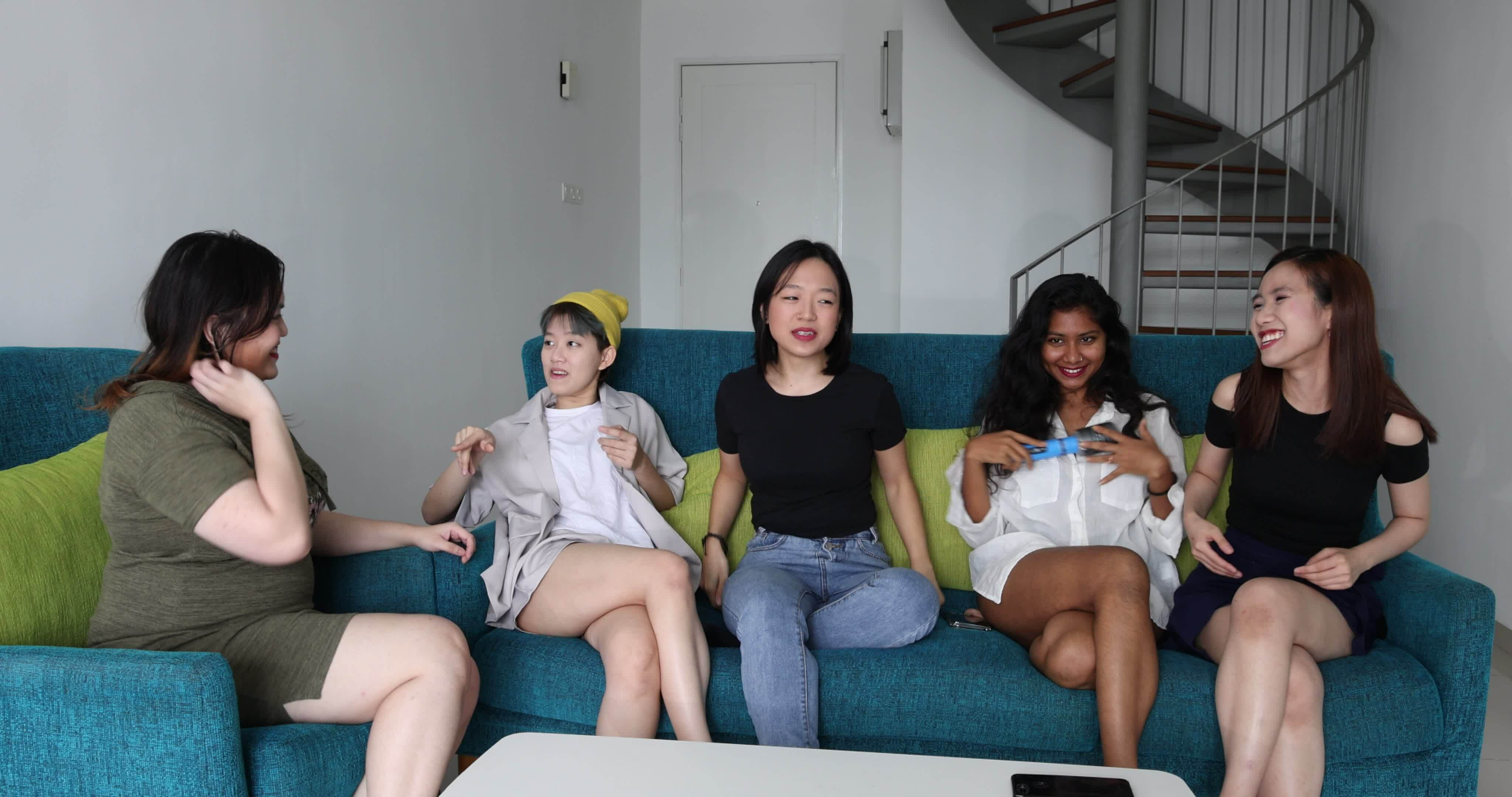 Young Asian woman group talk gossip chat sing drink cheers party fun enjoy drunk tired rest ...