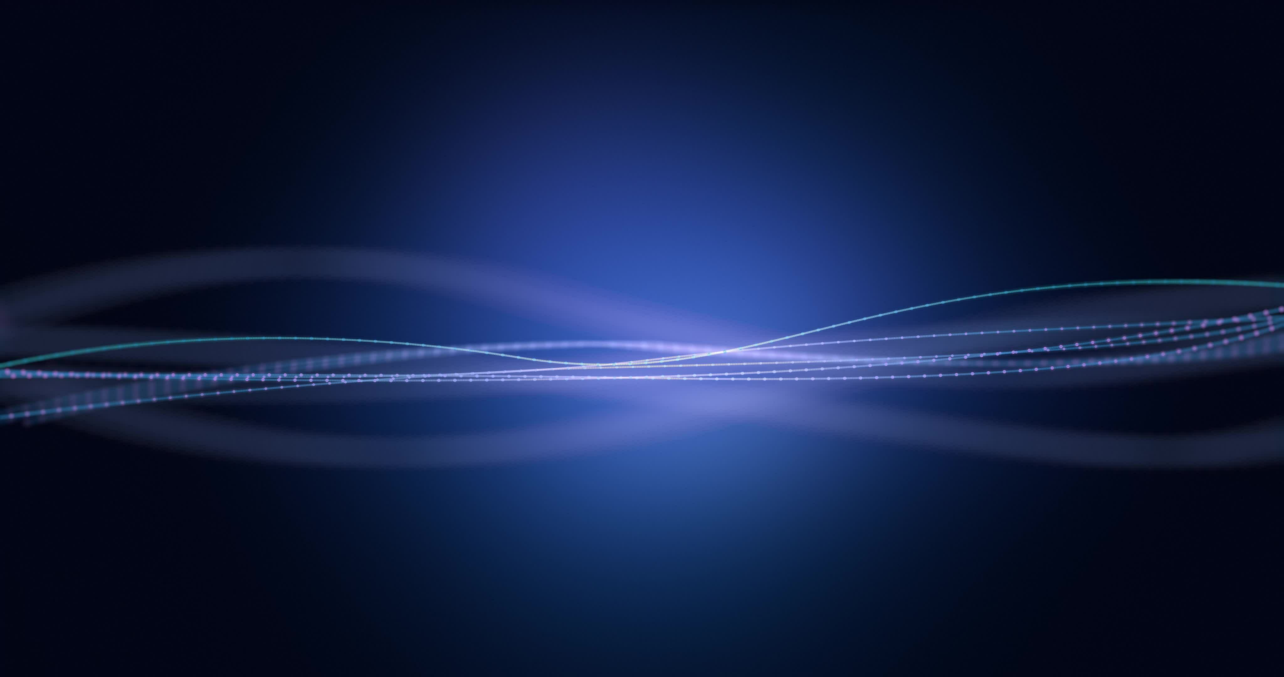 Light animation of curved particle lines on blue background, lines and dots moving, abstract ...
