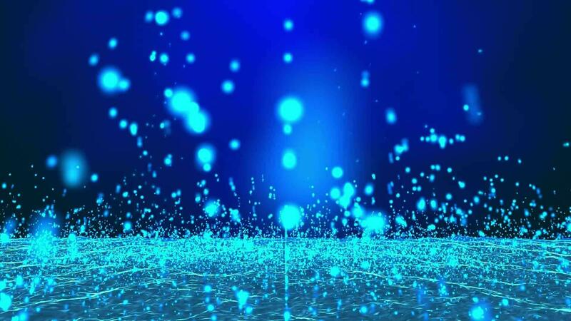 Digital technology abstract 3d animated blue light particles raining hits water waves on blue ...