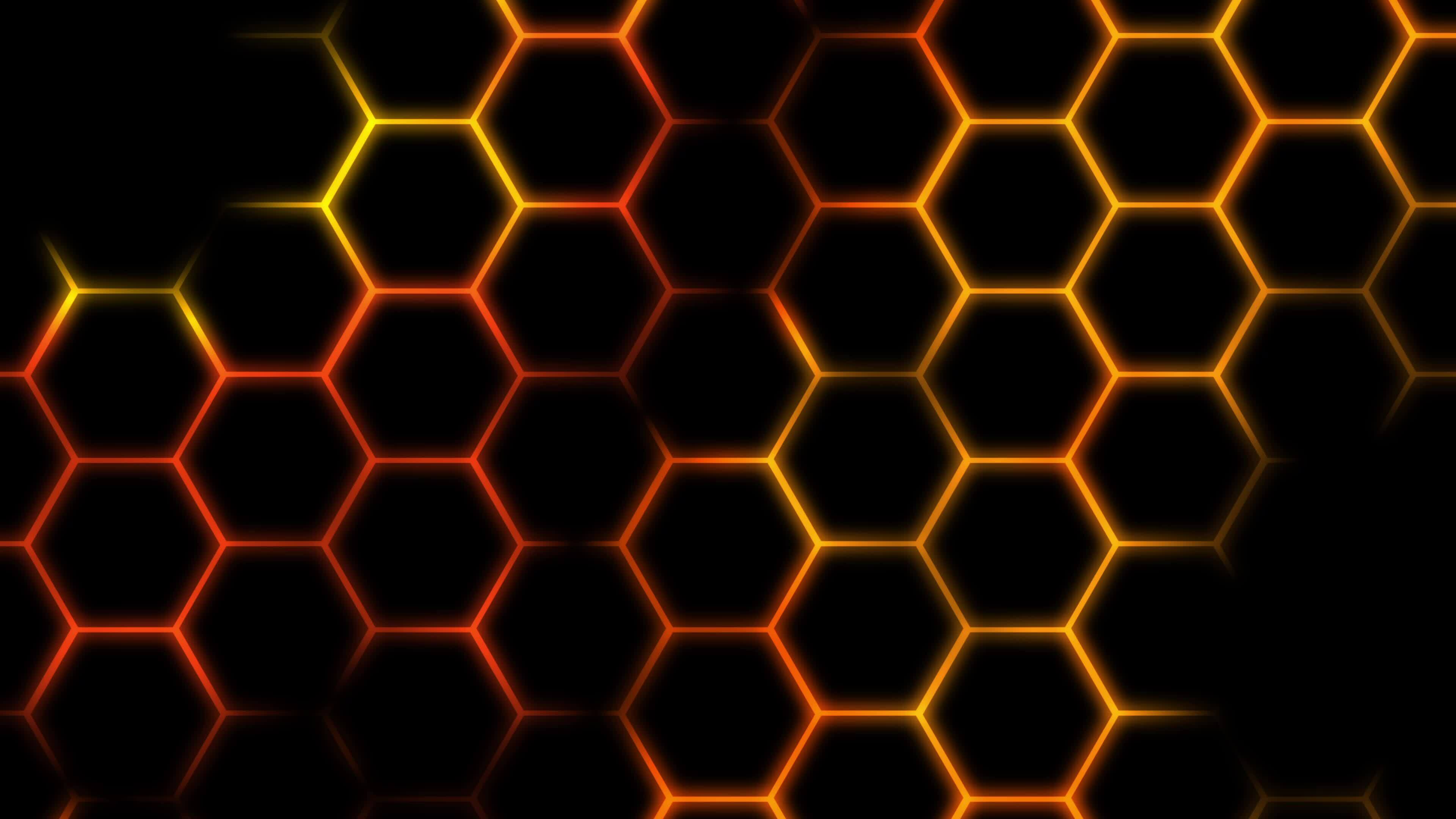 Fiery glowing hexagonal pattern background with pulsating lava colors from red to orange and ...
