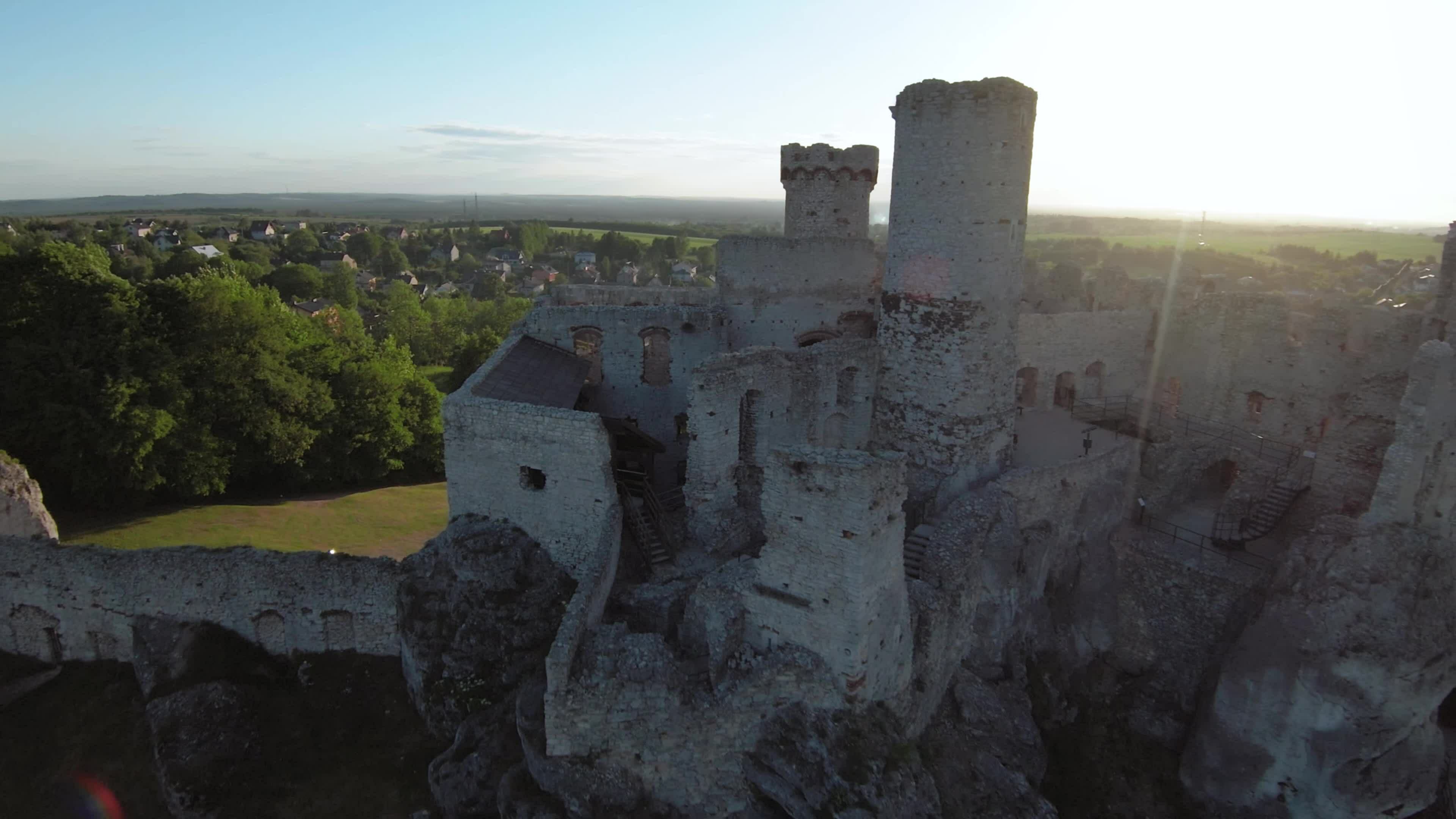 Aerial View On Castle In Ogrodzieniec At Sunset Stone Medieval Castle