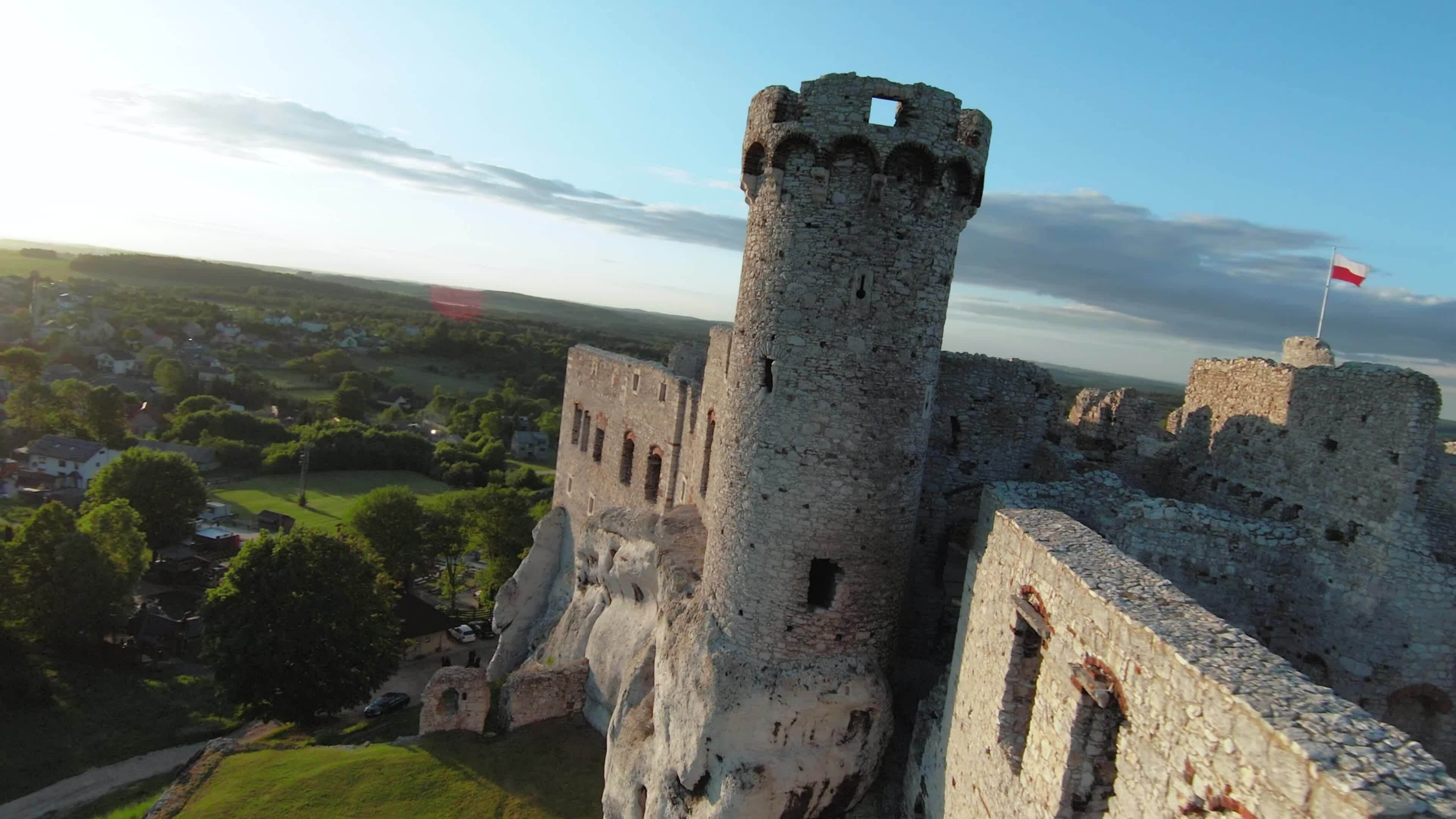 Aerial View On Castle In Ogrodzieniec At Sunset Stone Medieval Castle Built On A Rock Made Of