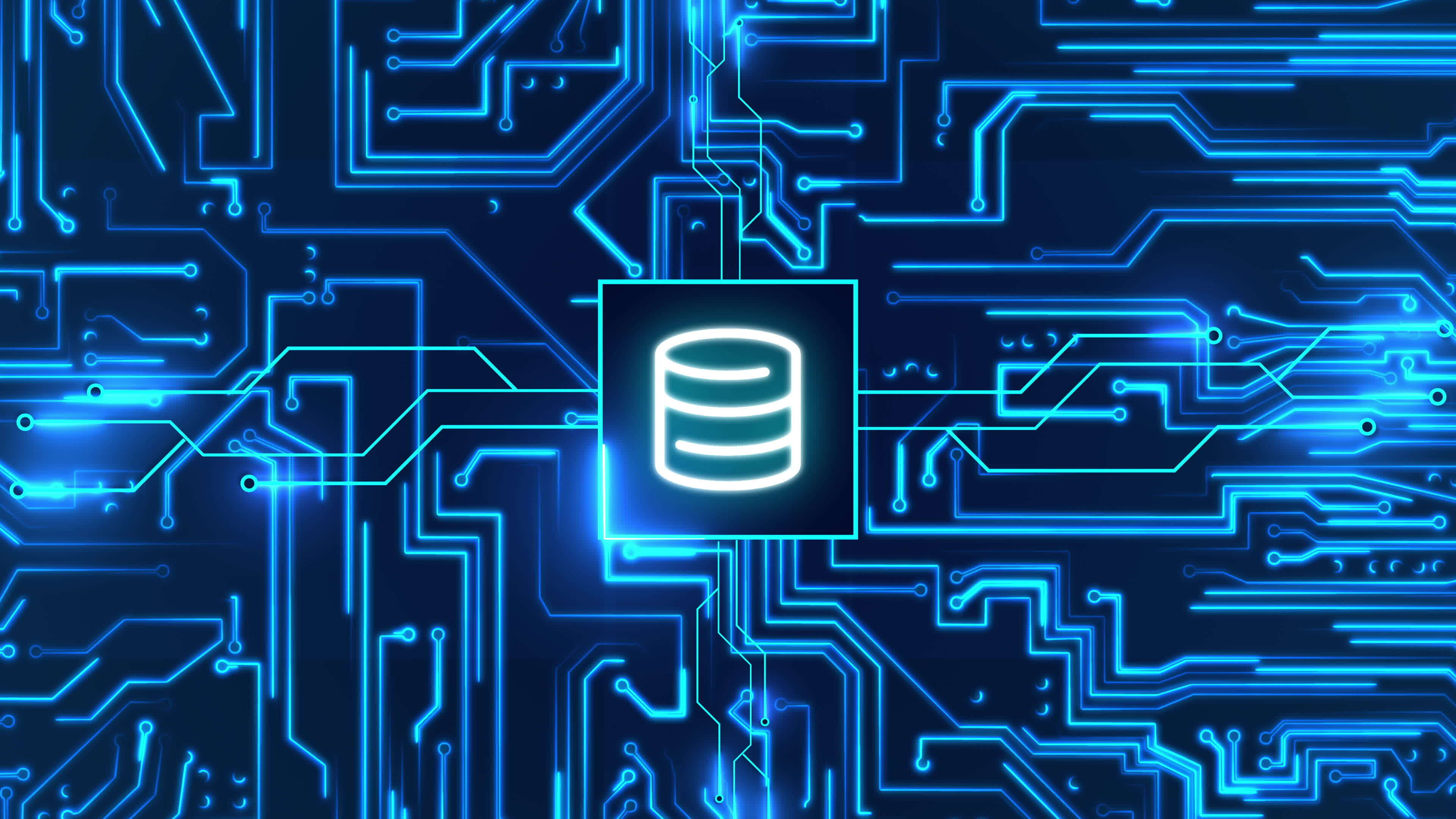 Circuit Board With Moving Electrons And Database Data Flow On A Motherboard Glowing Circuit