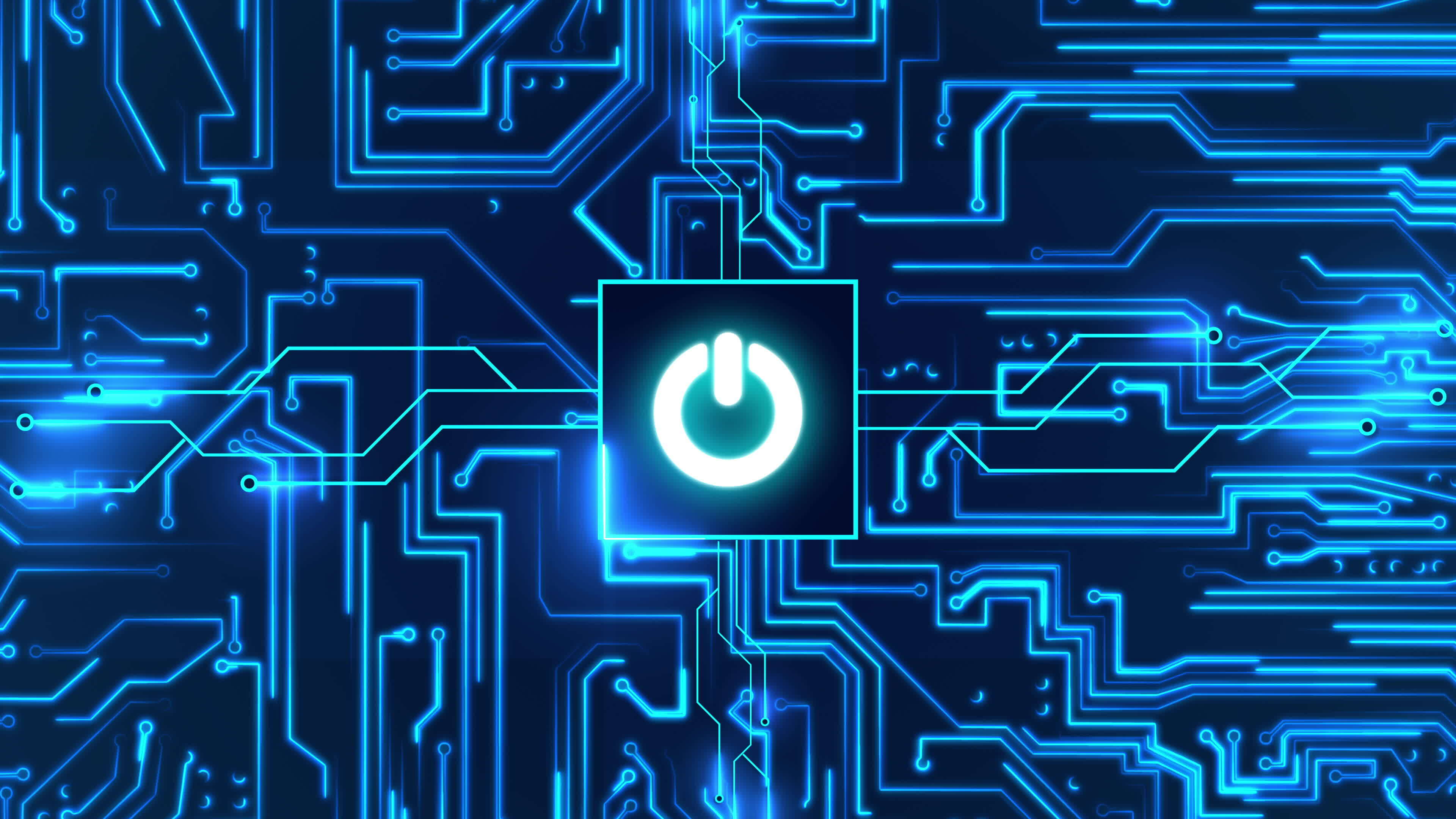 Circuit board with moving electrons and power, on or off. Data flow on a motherboard. Glowing ...
