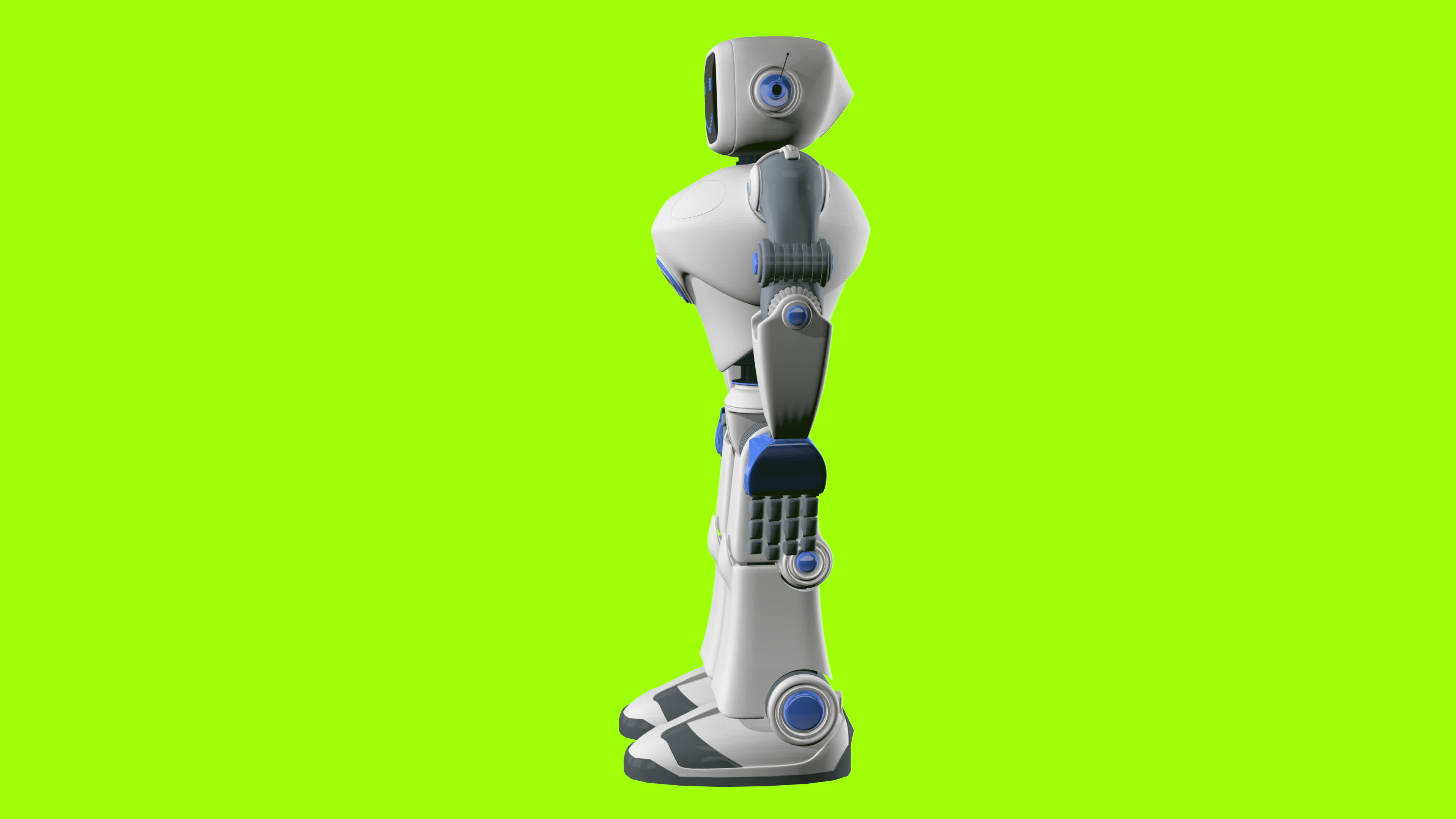 Side view of white and blue human-shaped robot walking against green ... Side view of white and blue human-shaped robot walking against green ...