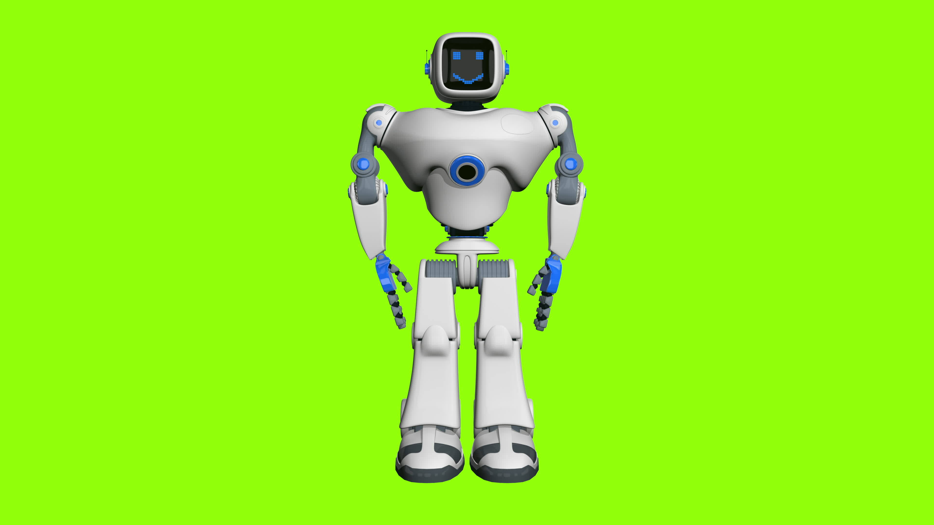 Front view of white and blue color human-shaped robot with happy face ... Front view of white and blue color human-shaped robot with happy face ...