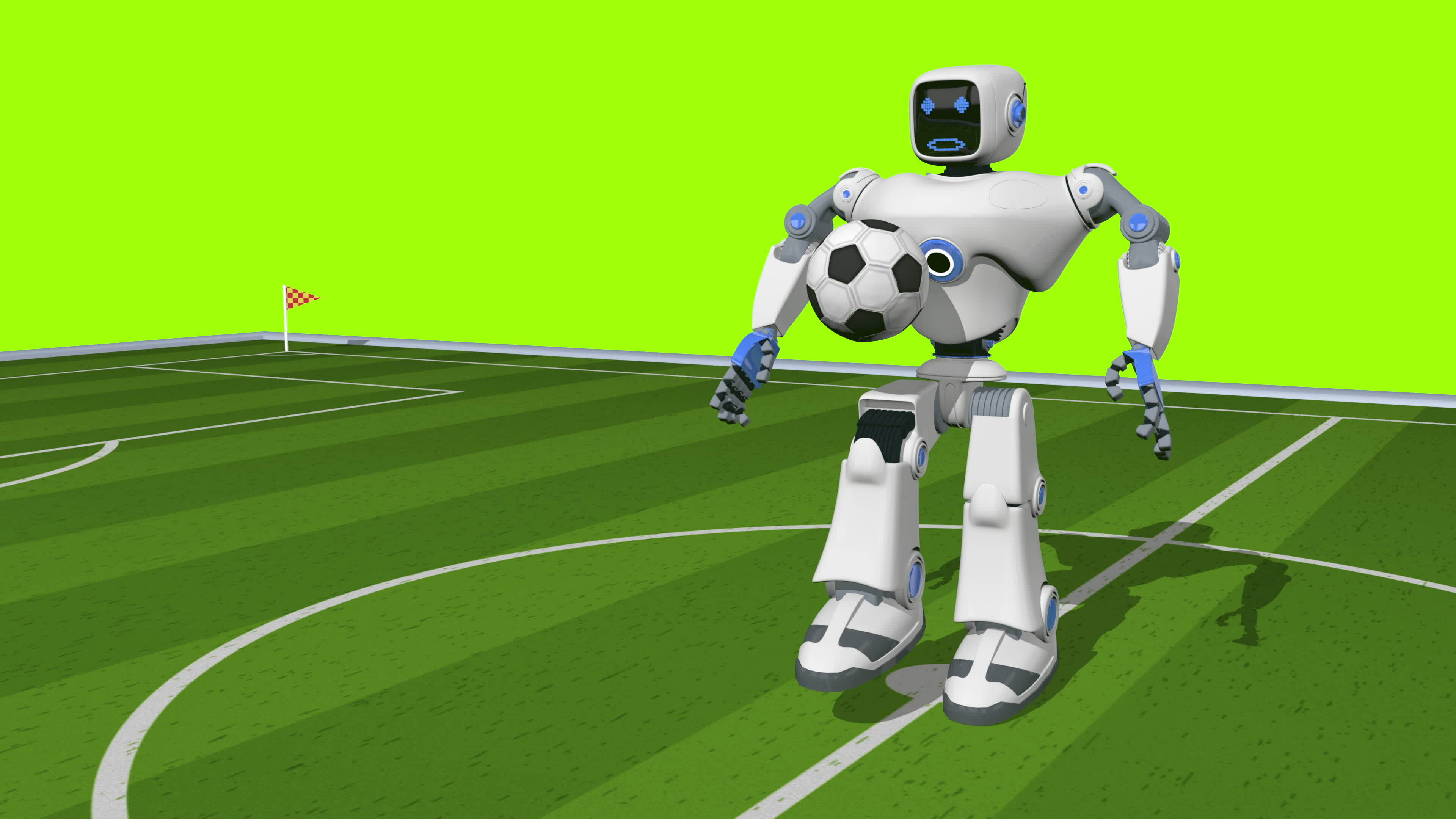 Front view of white and blue human-shaped robot playing with a ball on ... Front view of white and blue human-shaped robot playing with a ball on ...