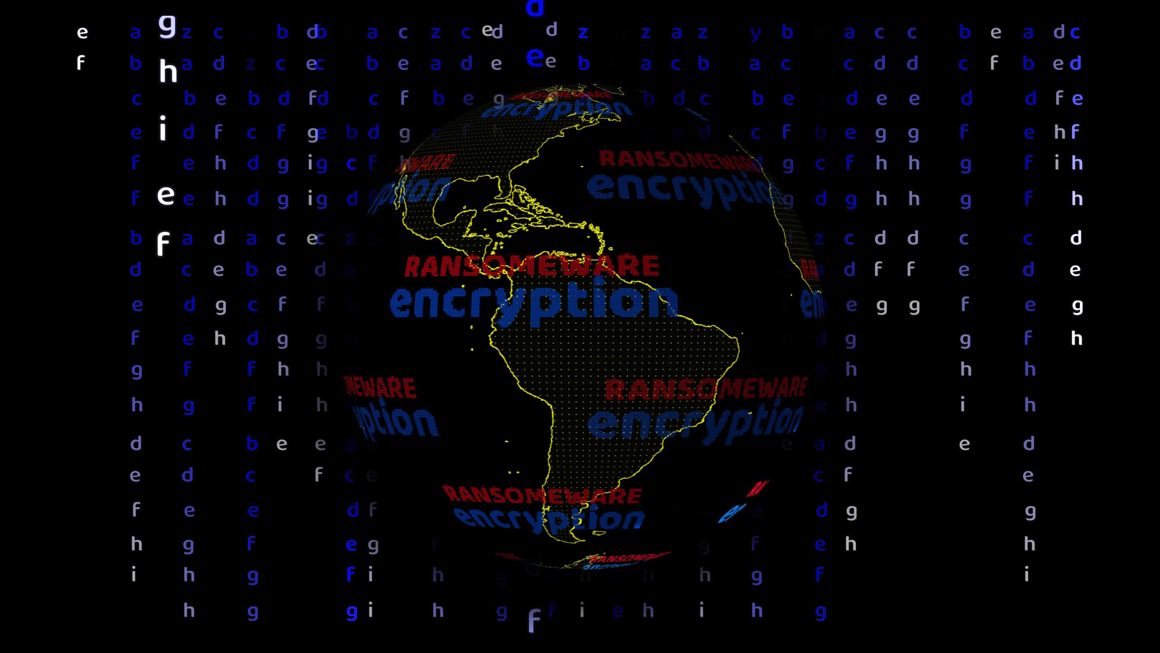World map with ransomware encryption digital text rotating and alphabet matrix background ...